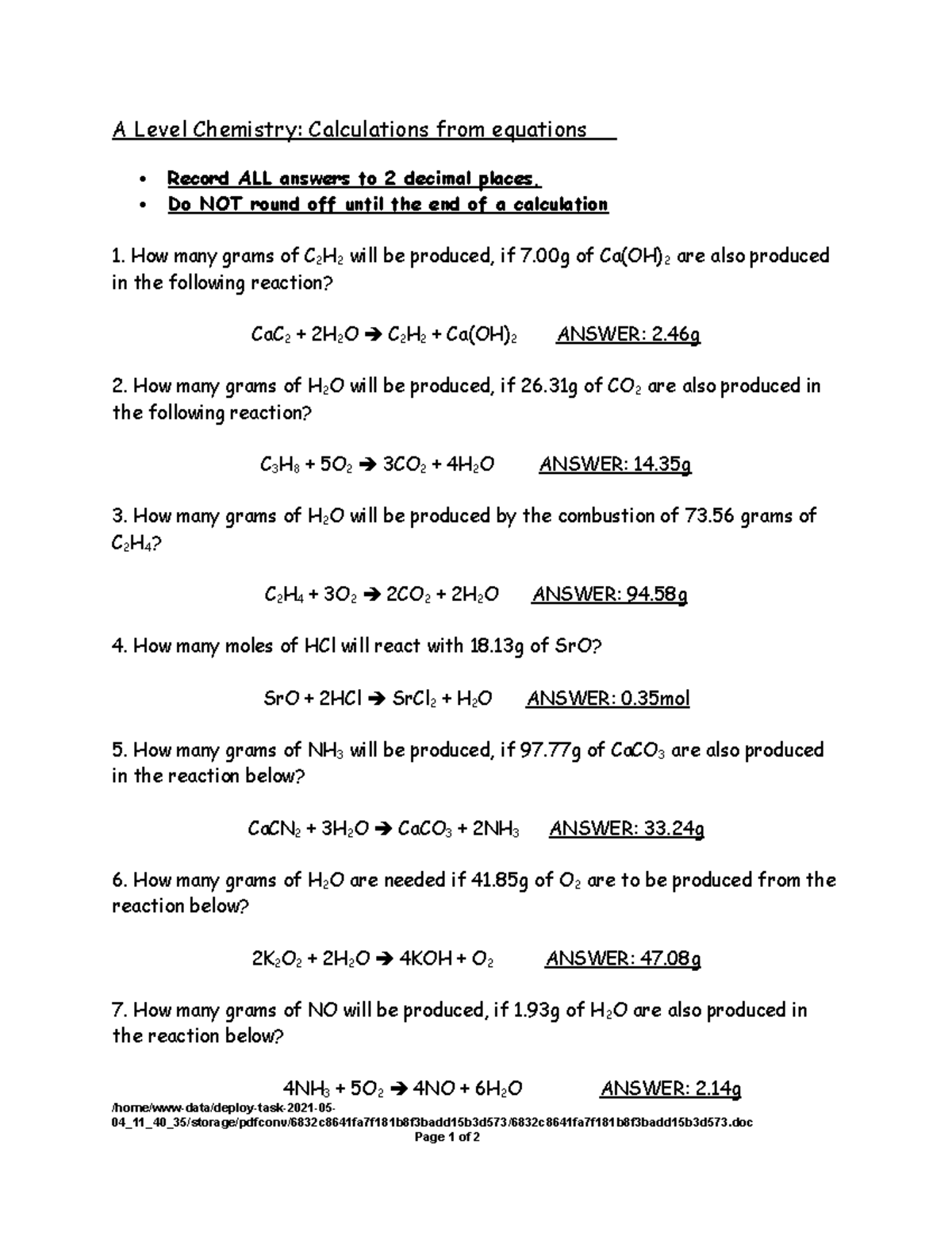 Mole Calculations 02 Answers A Level Chemistry Calculations From