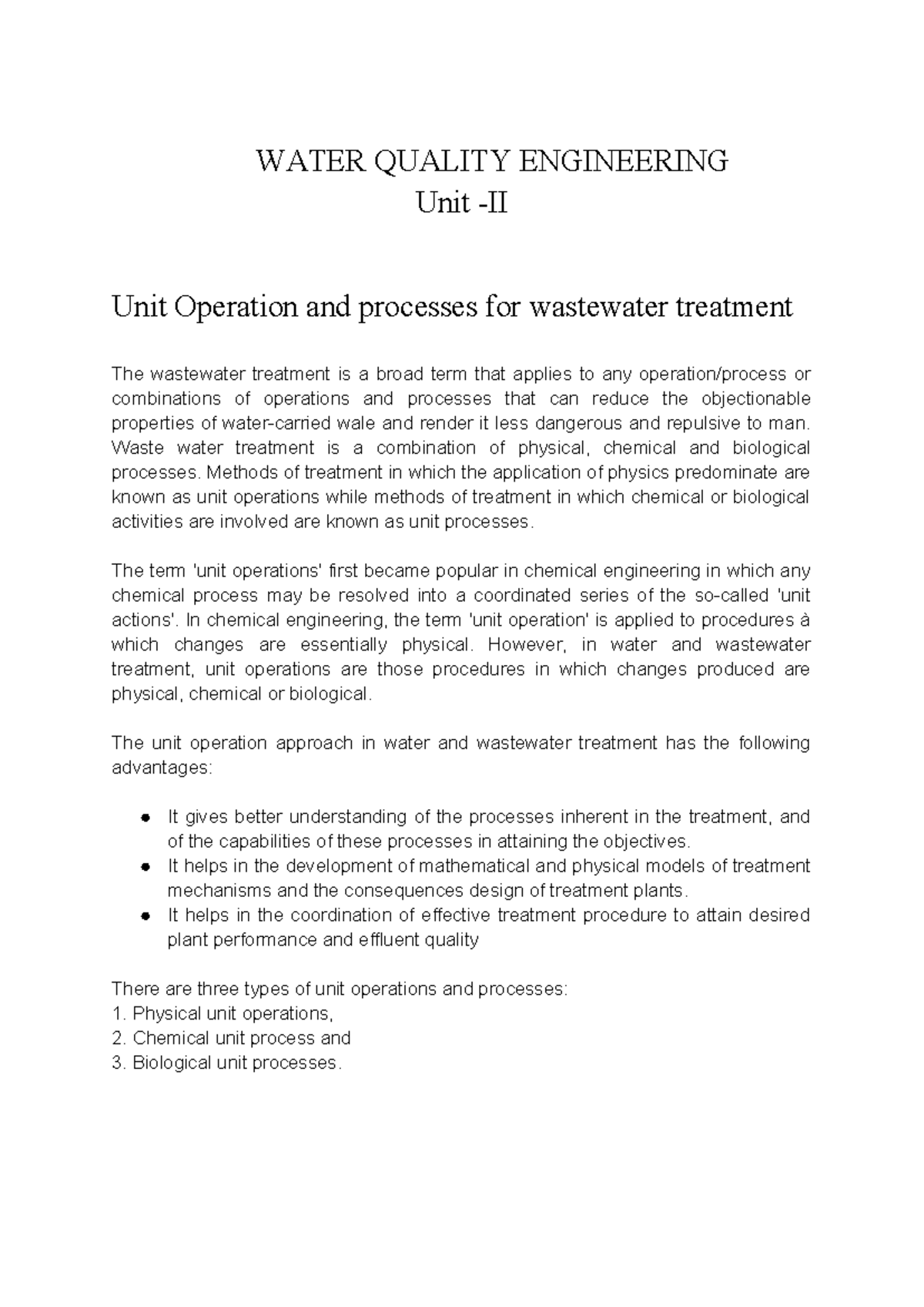 Unit II - WATER QUALITY ENGINEERING Unit -II Unit Operation and ...