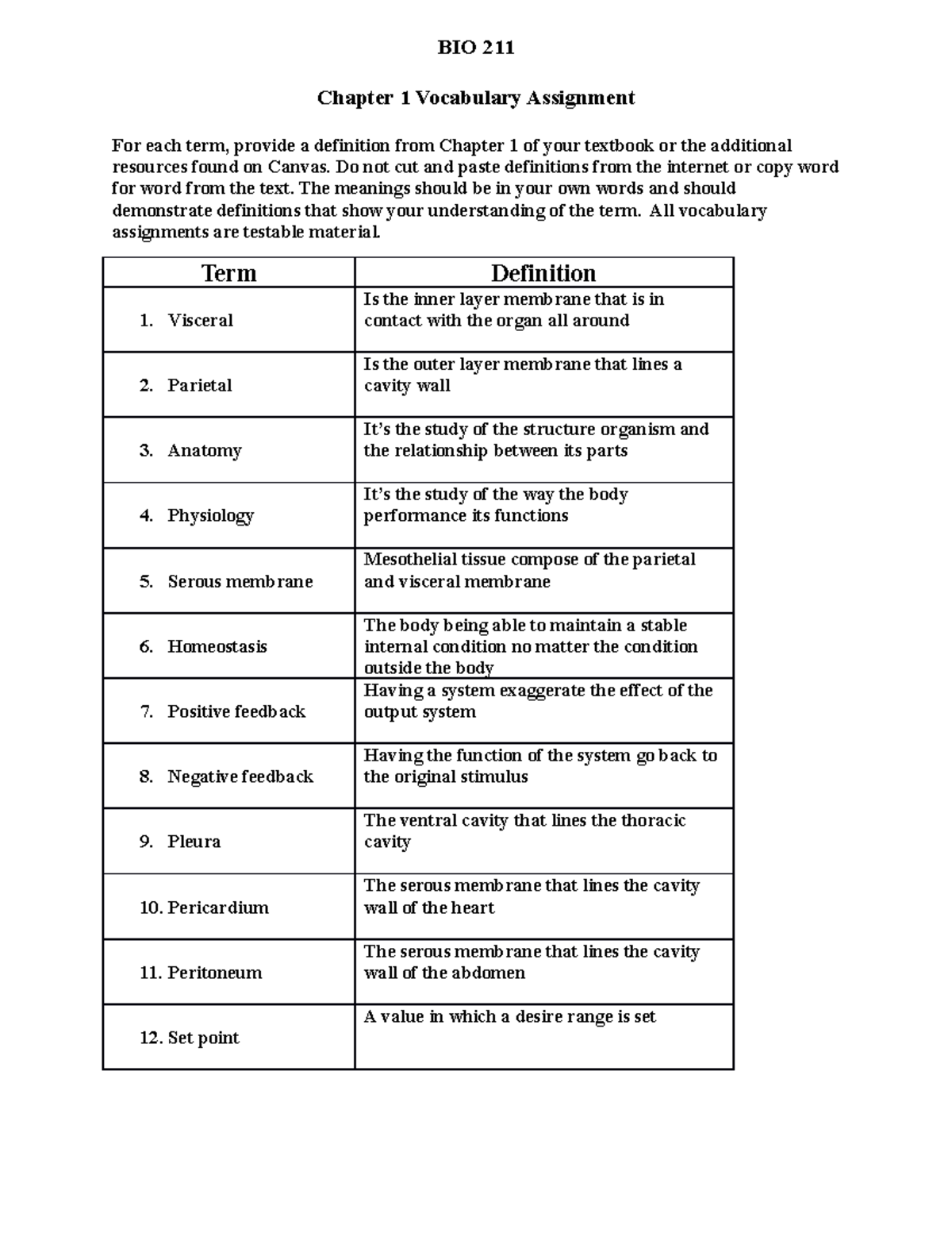 Vocab Assignment BIO 211 Chapter 1 Vocabulary Assignment For Each