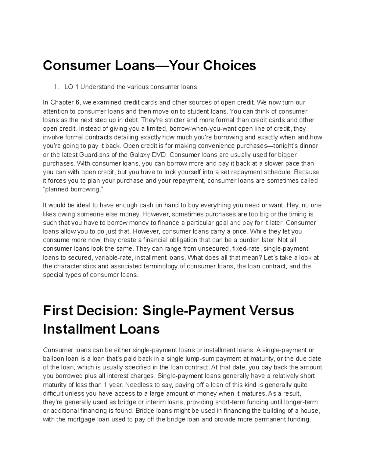 Intro to finance week 14 pt - Consumer Loans—Your Choices LO 1 ...
