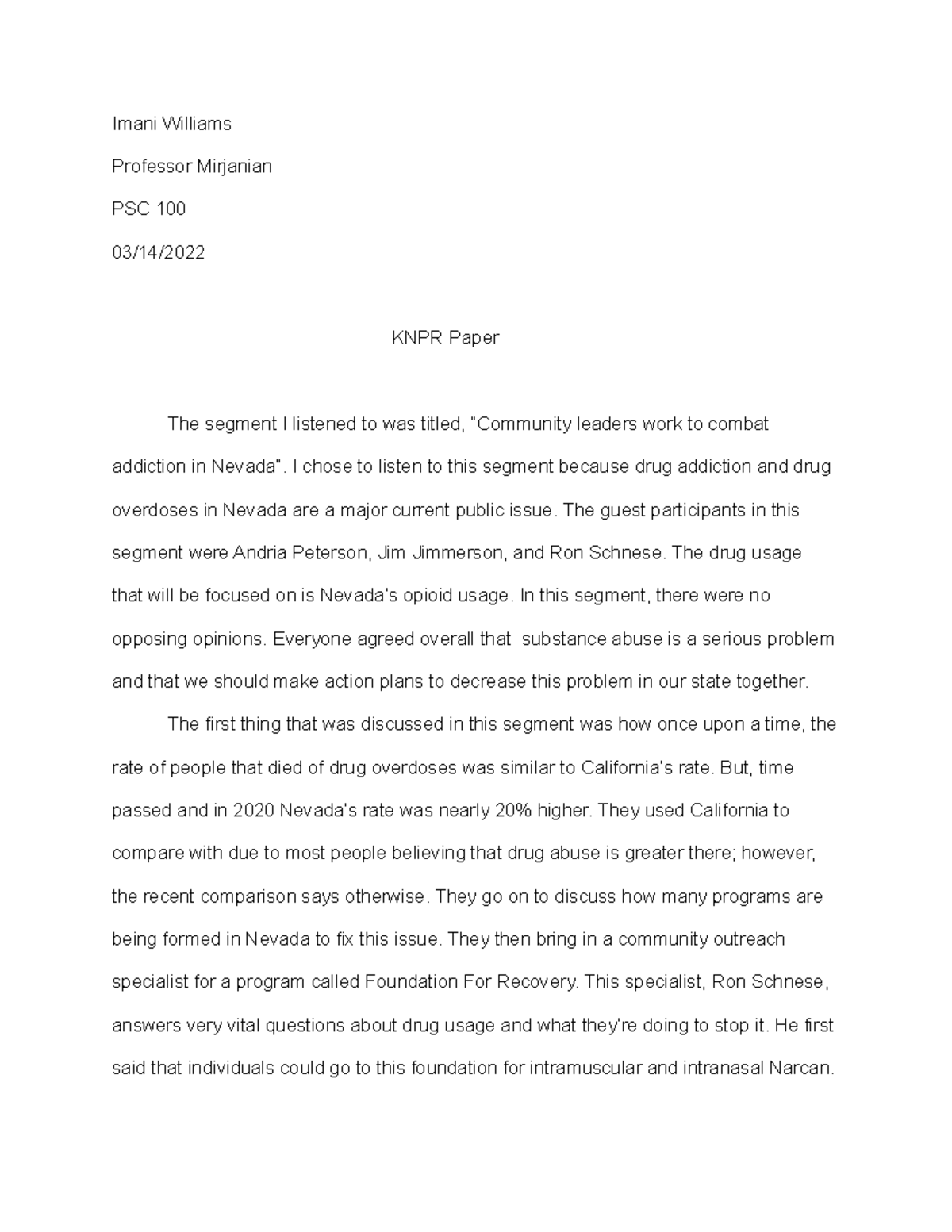 KNPR Paper - KNPR Essay - Imani Williams Professor Mirjanian PSC 100 03 ...