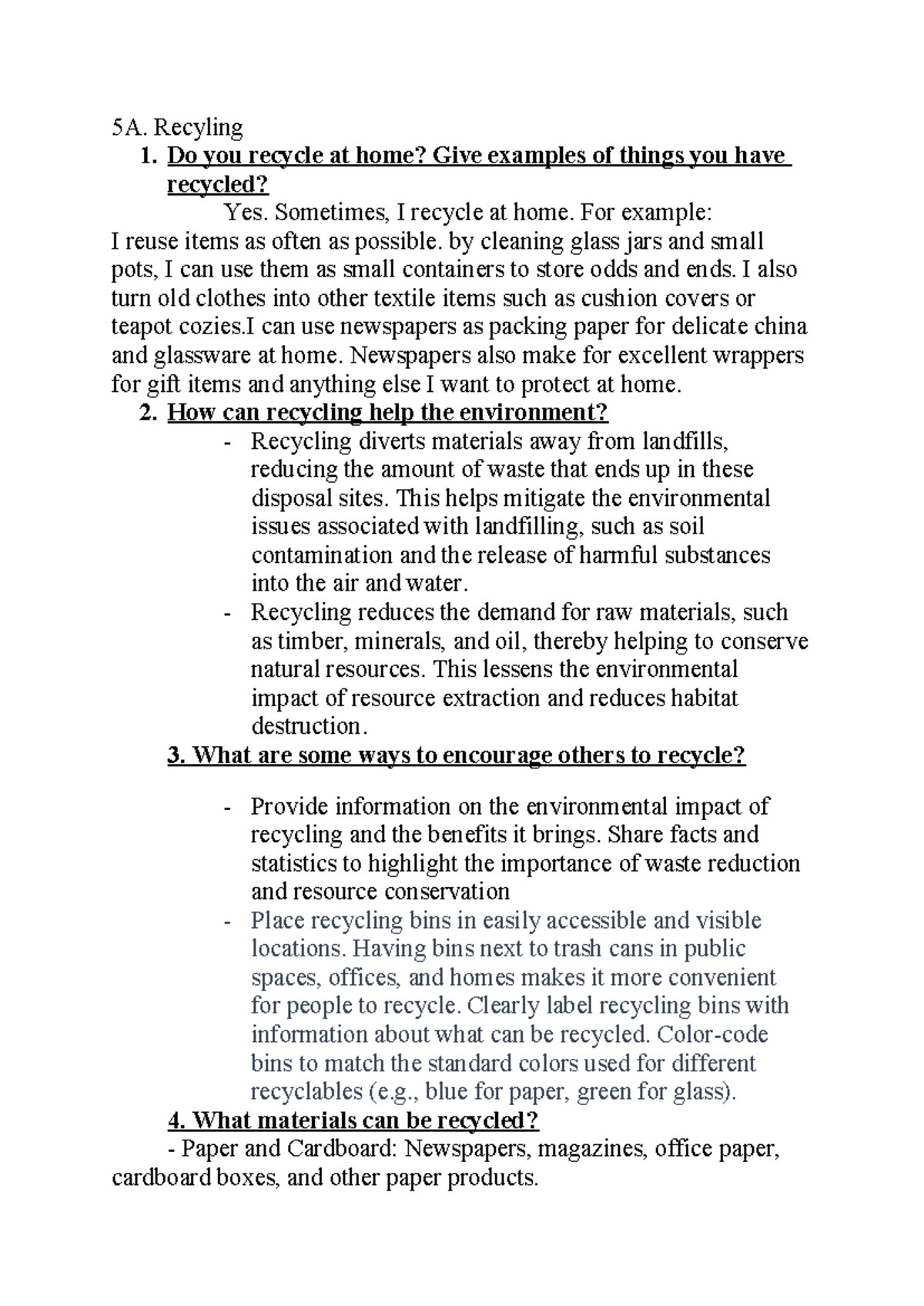 5A. Recycling - Essay - 5A. Recyling 1. Do you recycle at home? Give ...