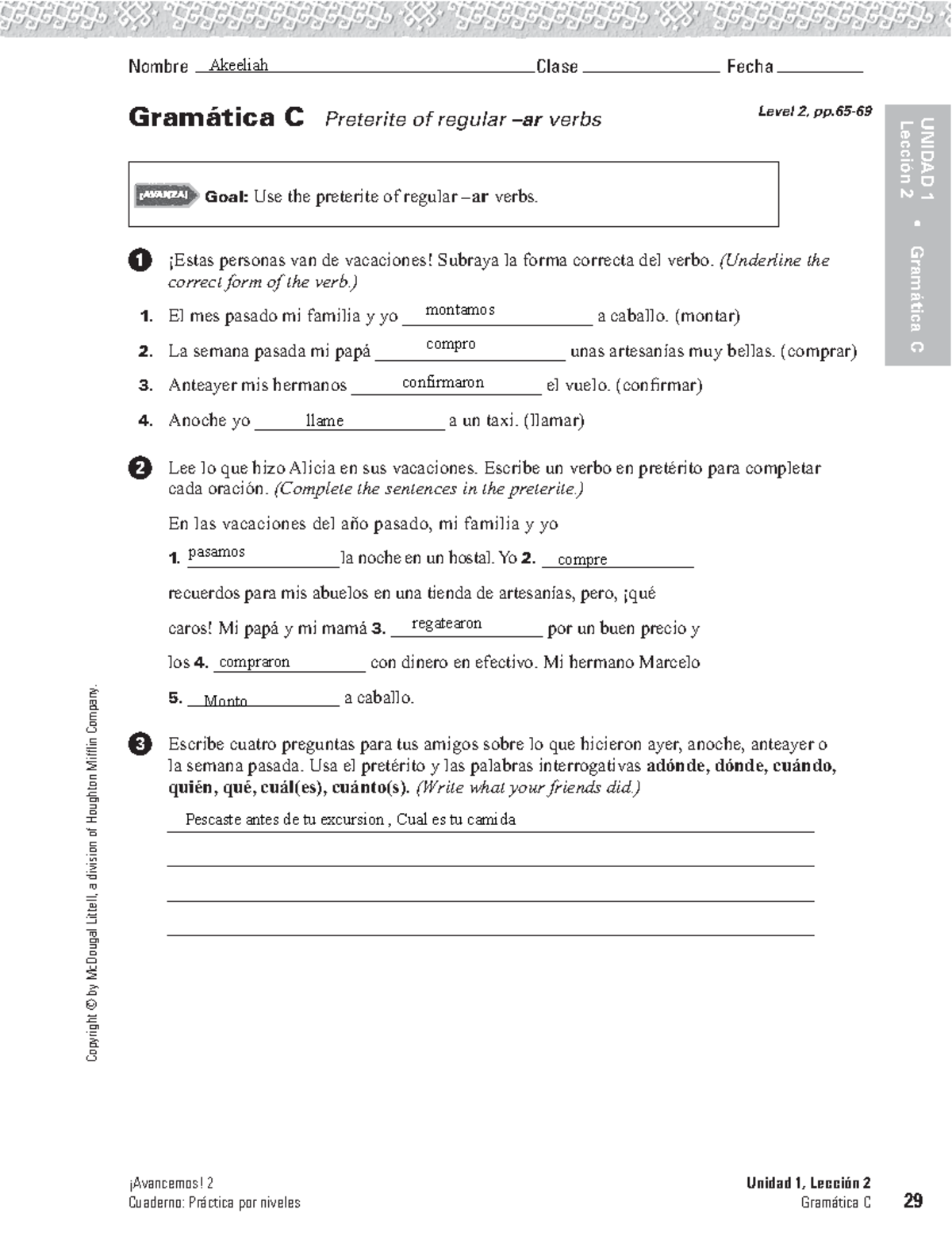 Kami Export - Akeeliah Vidal - Cuaderno Spanish 2 Unidad 1 - Nombre ...