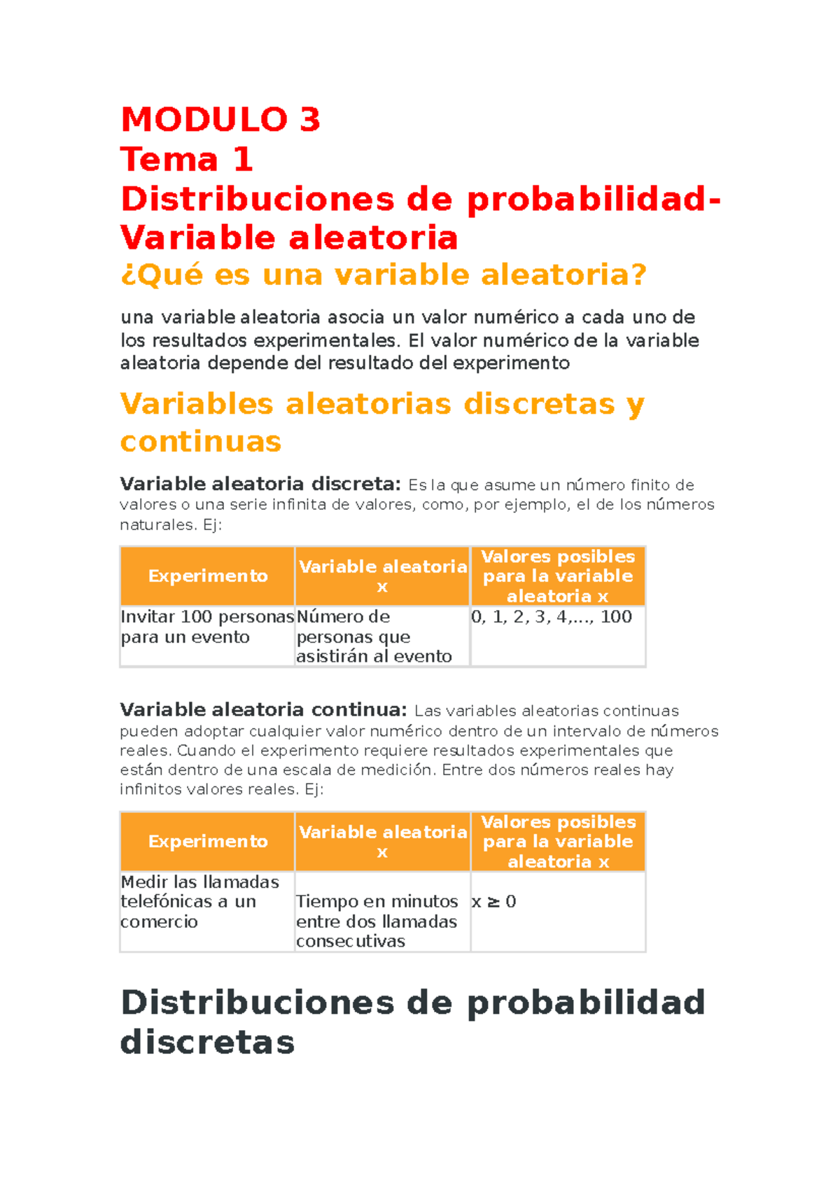 Modulo 3 MAT AN 1 - MODULO 3 Tema 1 Distribuciones de probabilidad- Variable aleatoria ¿Qué es ...