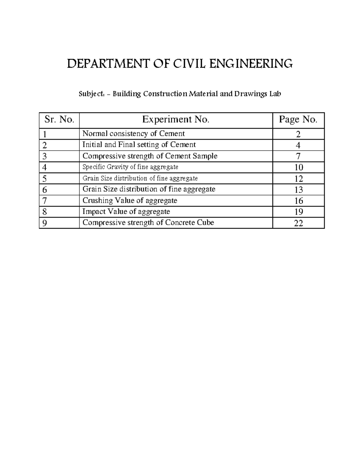 Building materials Lab - DEPARTMENT OF CIVIL ENGINEERING Subject ...