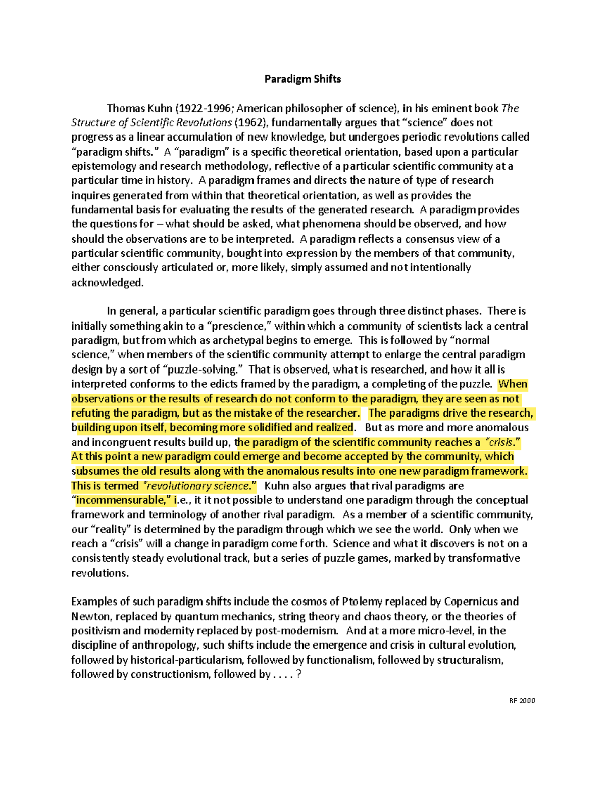 Kuhn's Paradigm Shifts - Paradigm Shifts Thomas Kuhn (1922-1996 ...