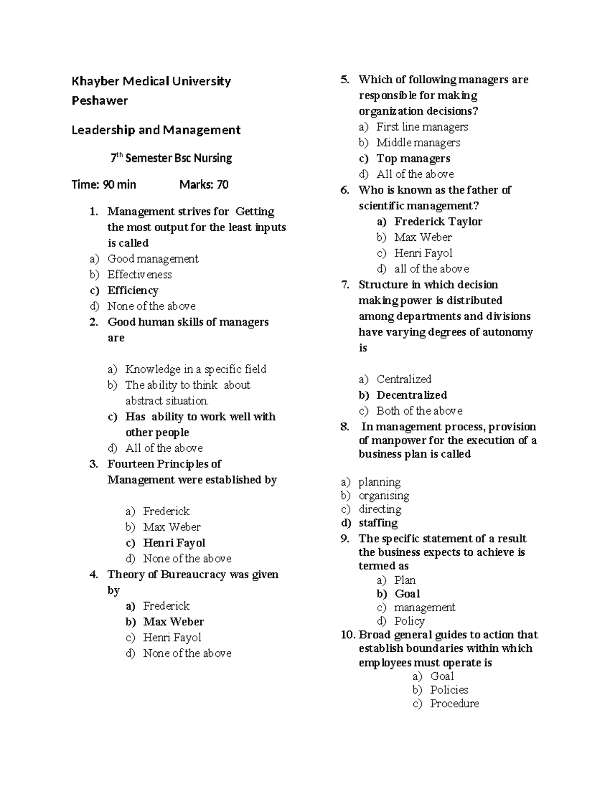 Leadership kmu paper - Khayber Medical University Peshawer Leadership ...