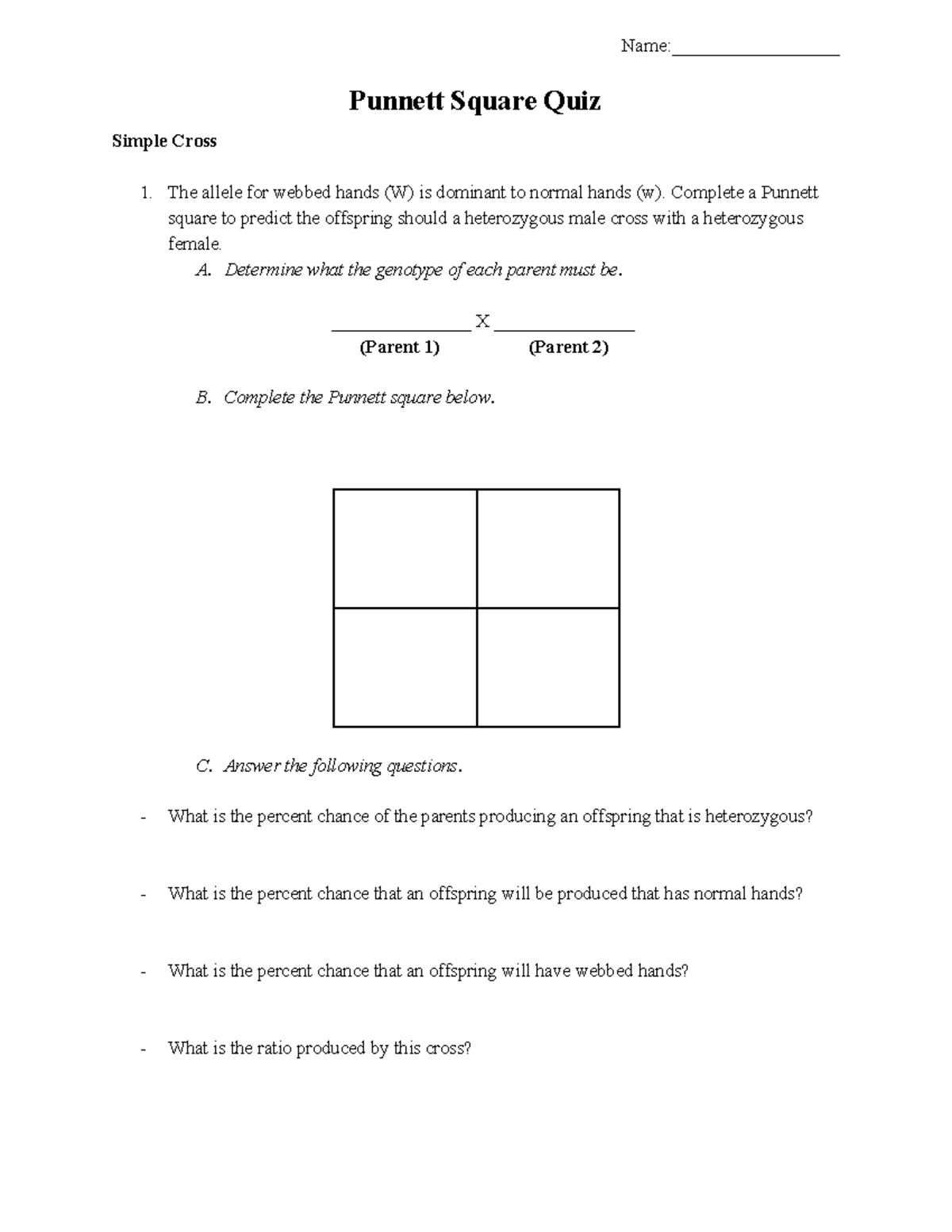 Punnett Square Quiz-1 - Punnett Square Quiz Simple Cross The allele for ...