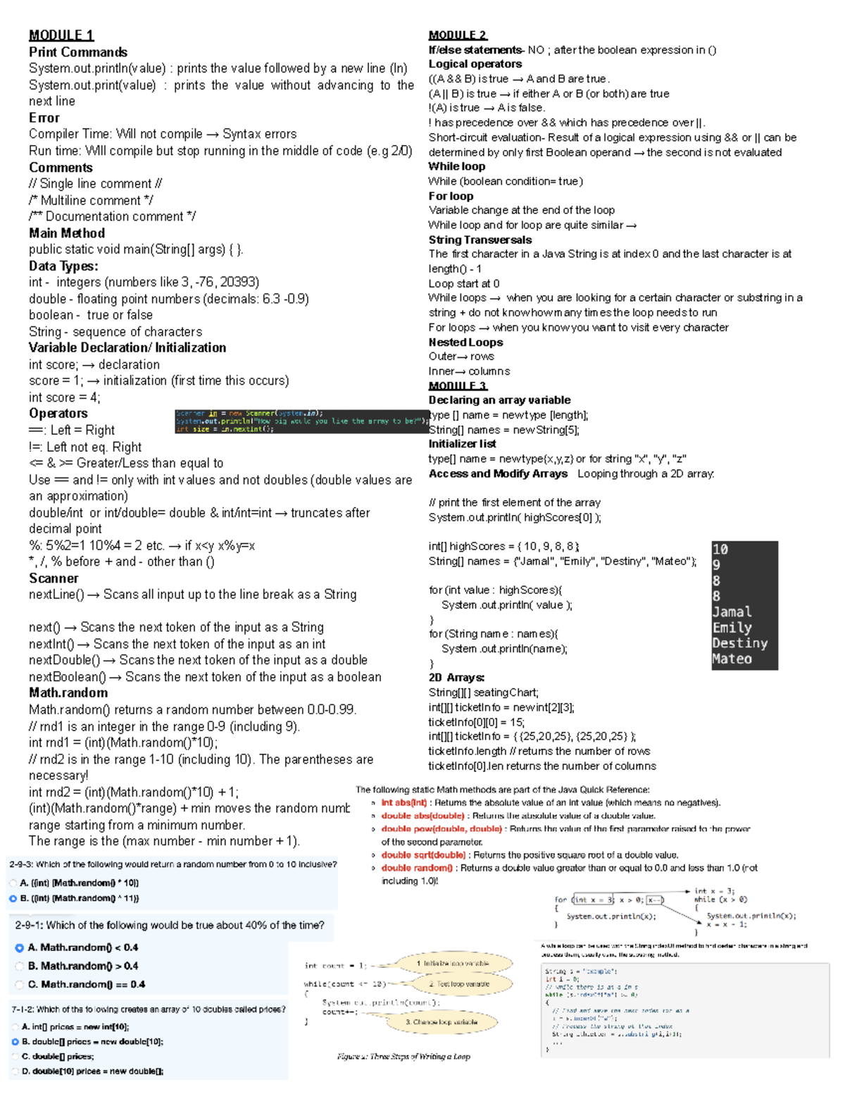Copy of CSE Exam 1 Sheet - Summary Computer Science I - MODULE 1 Print Commands System.out(value ...