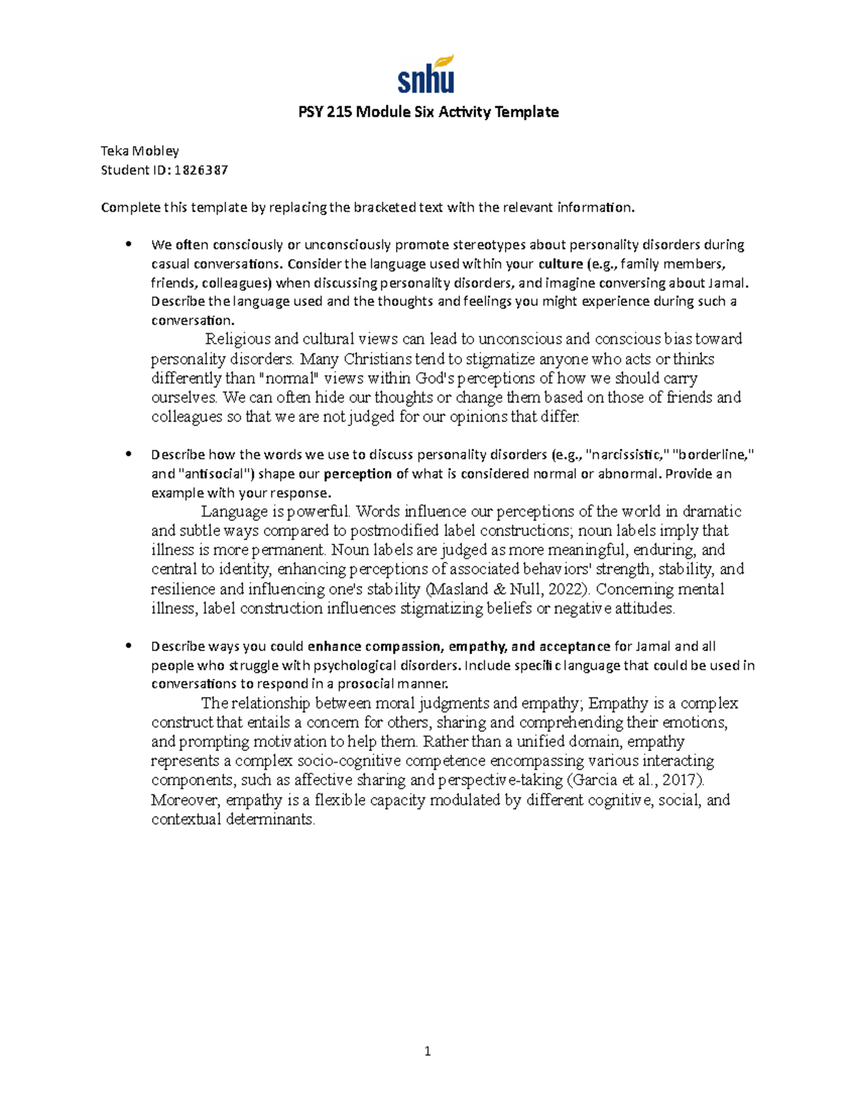 PSY 215 Module Six Activity - We often consciously or unconsciously ...