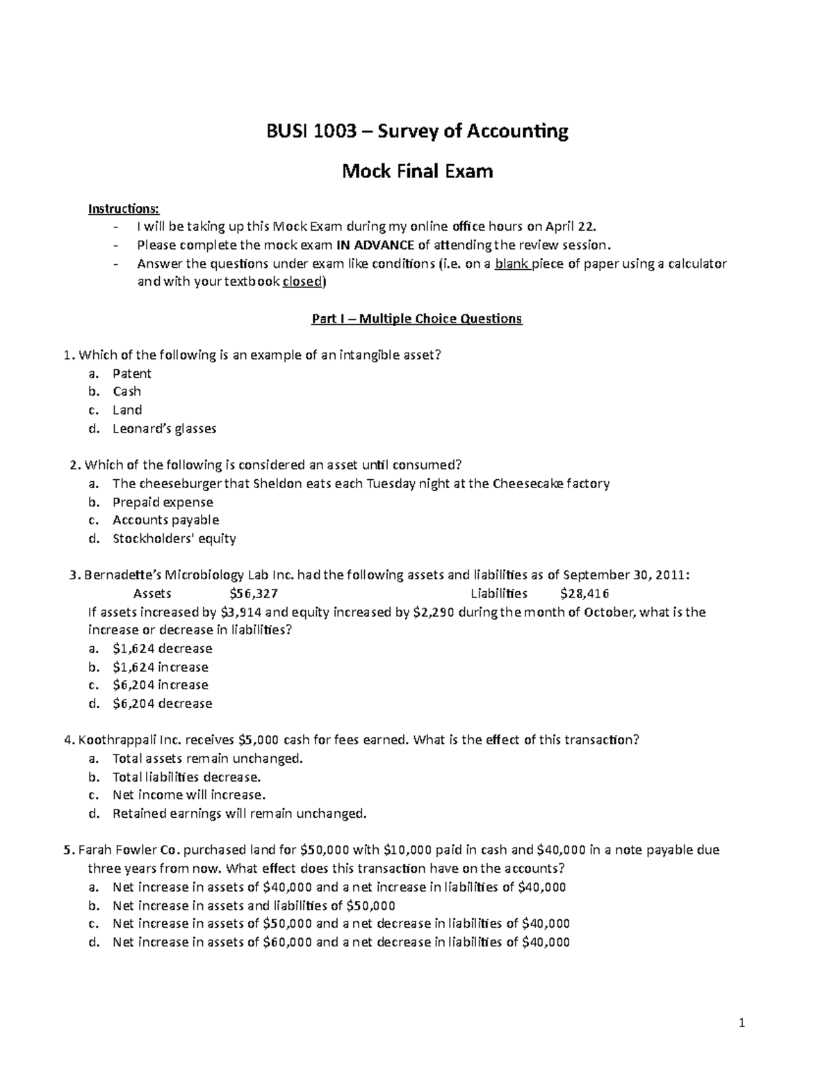 Mock Final Exam - BUSI 1003 – Survey of Accounting Mock Final Exam ...