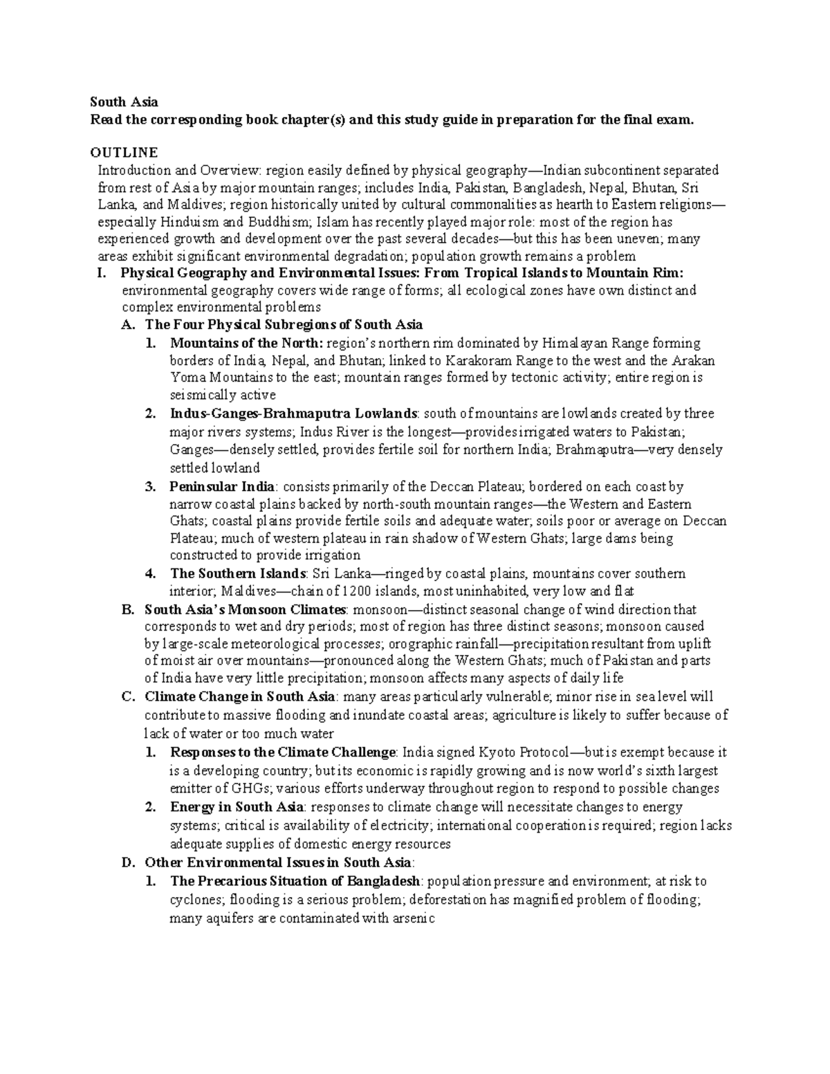South Asia Study Guide for Final Exam - Studocu