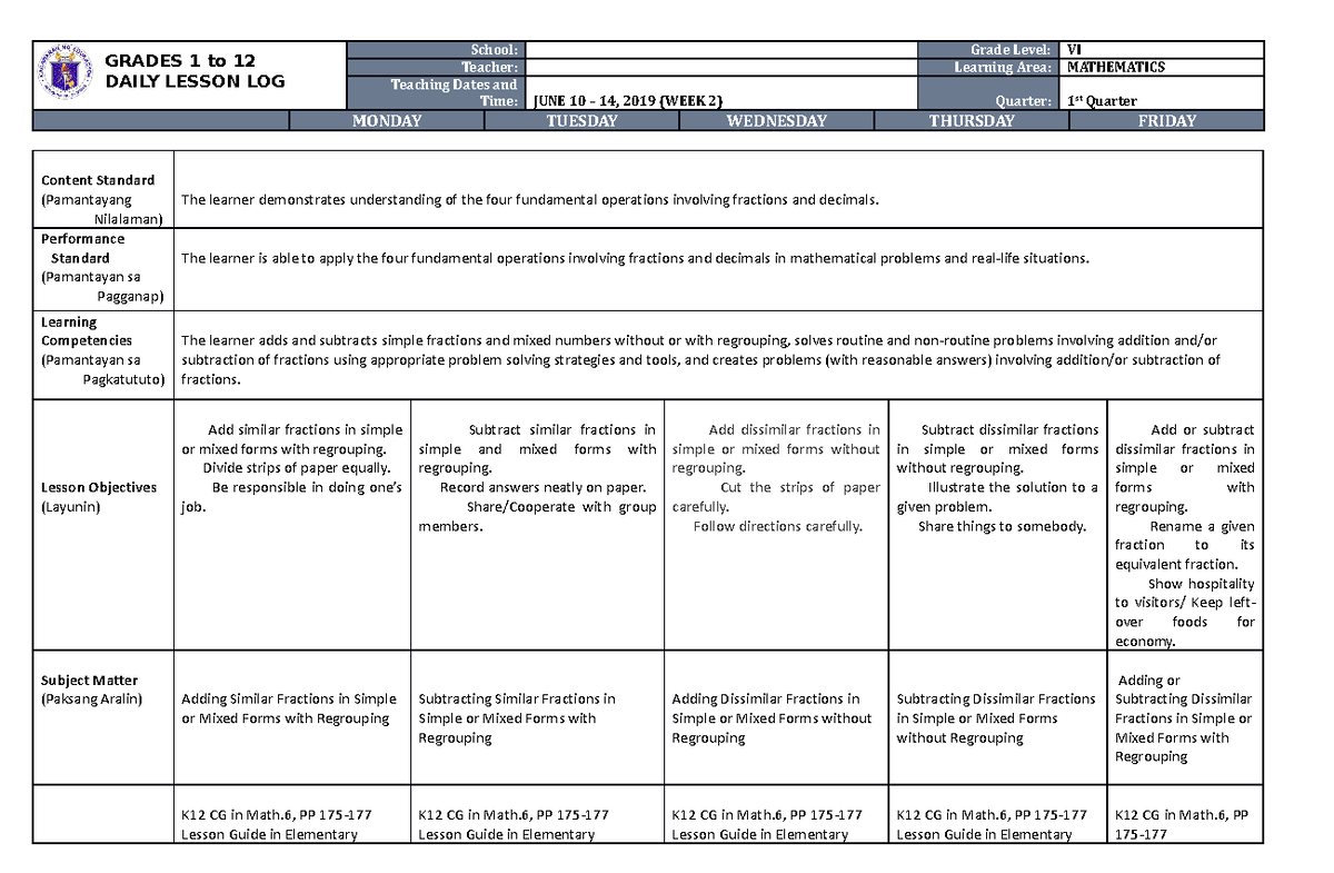 MATH-Q1week1DLL - CLASS RECORD - GRADES 1 to 12 DAILY LESSON LOG School ...