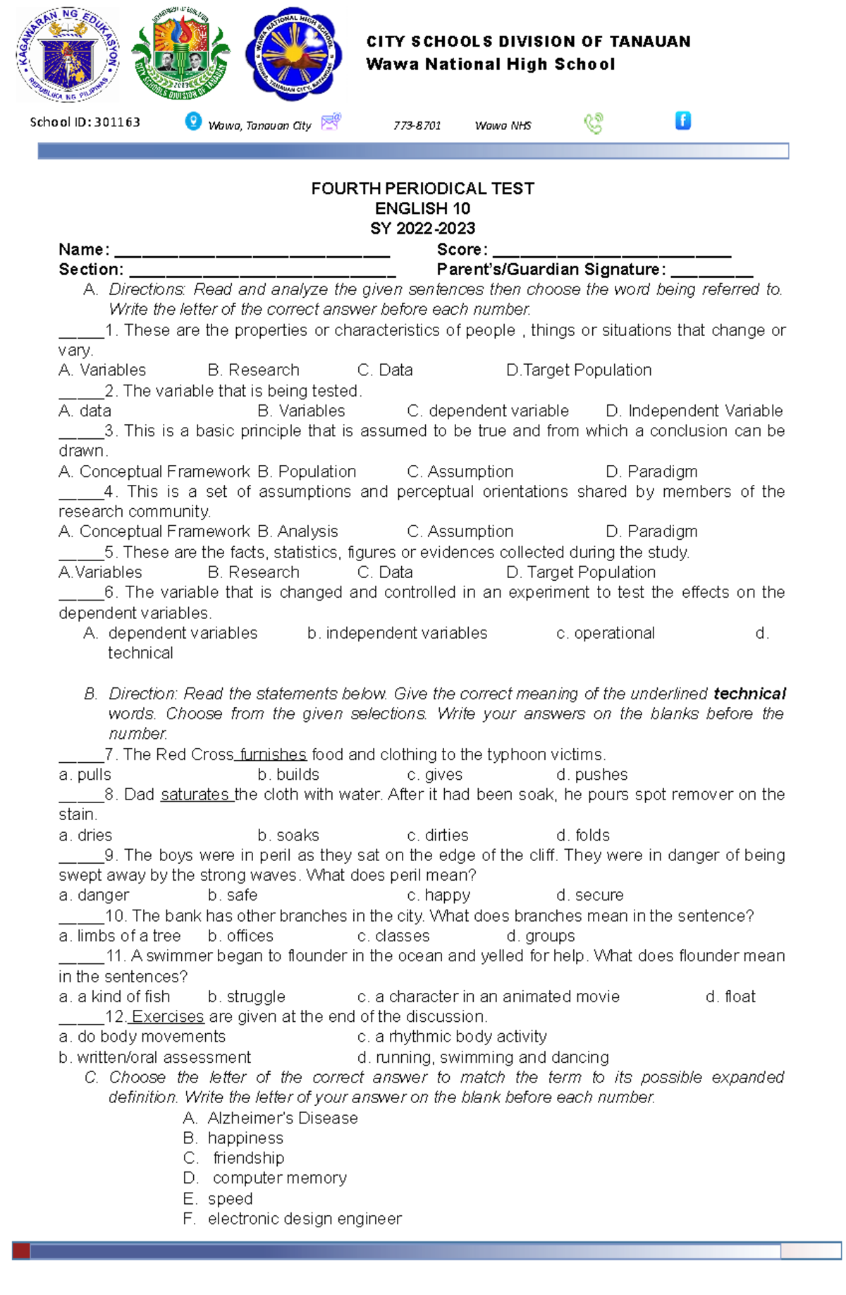 Fourth Periodical TEST IN English 10 - Wawa, Tanauan City 773-8701 Wawa ...