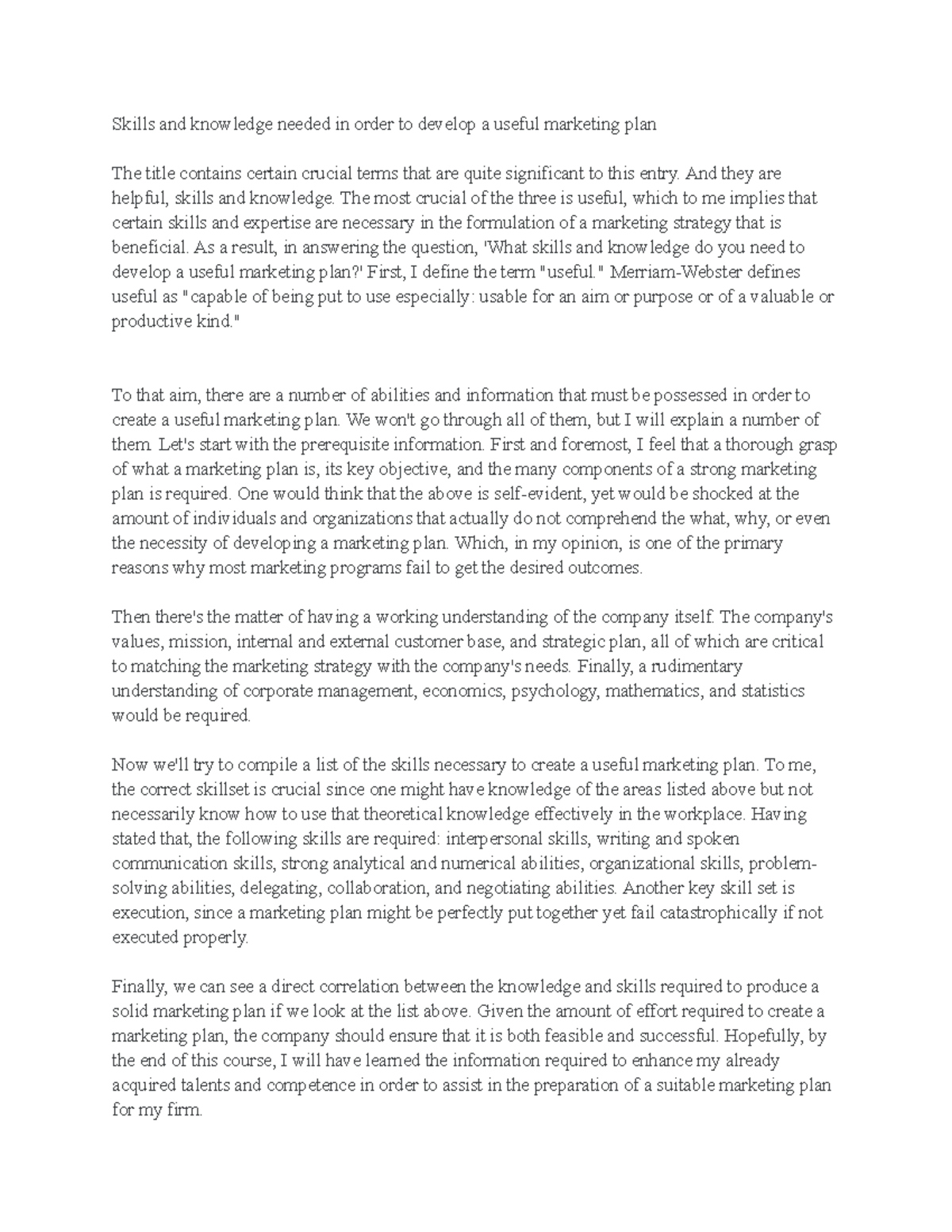 Learning journal week 2 - Skills and knowledge needed in order to develop a useful marketing ...