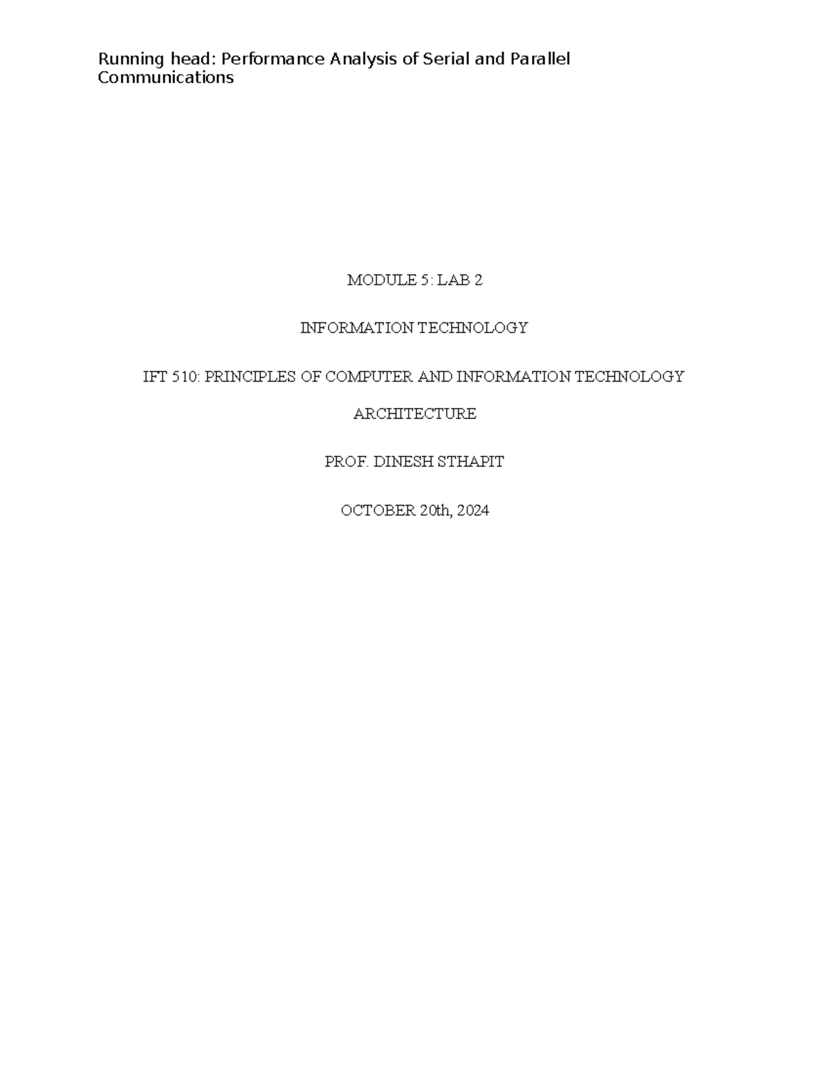 IFT 510 Module 5 lab 2 - ift 510 lab - Running head: Performance ...