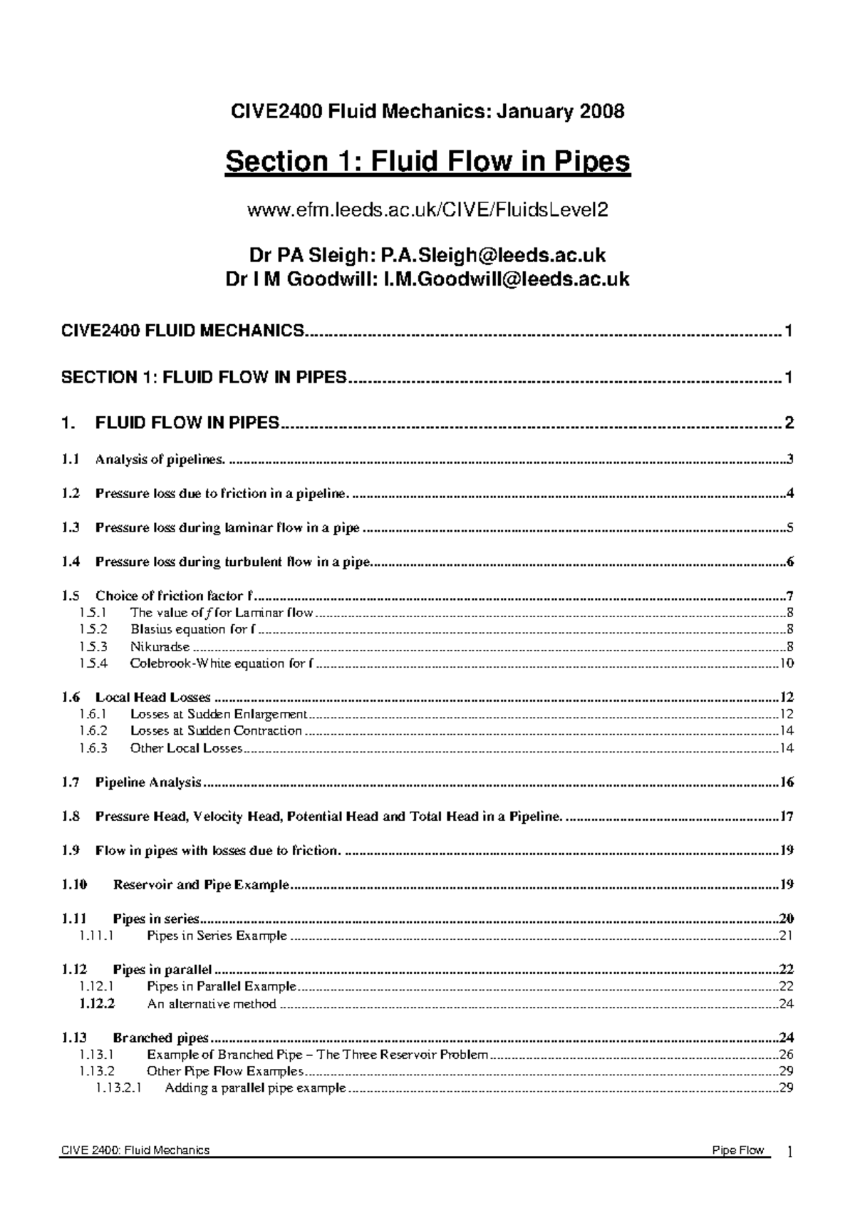 Pipeflow 2 2008 a - Practical - SECTION 1: FLUID FLOW IN PIPES Section 1: Fluid Flow in Pipes Dr ...