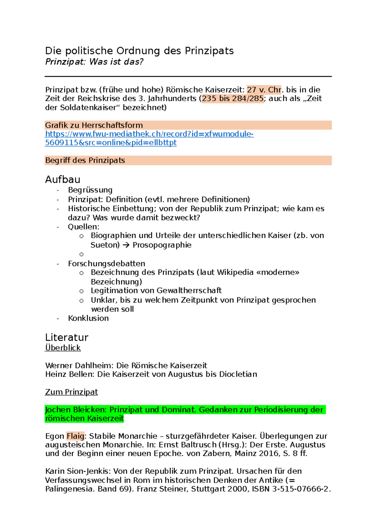 Referat Prinzipat - So lala - Die politische Ordnung des Prinzipats ...