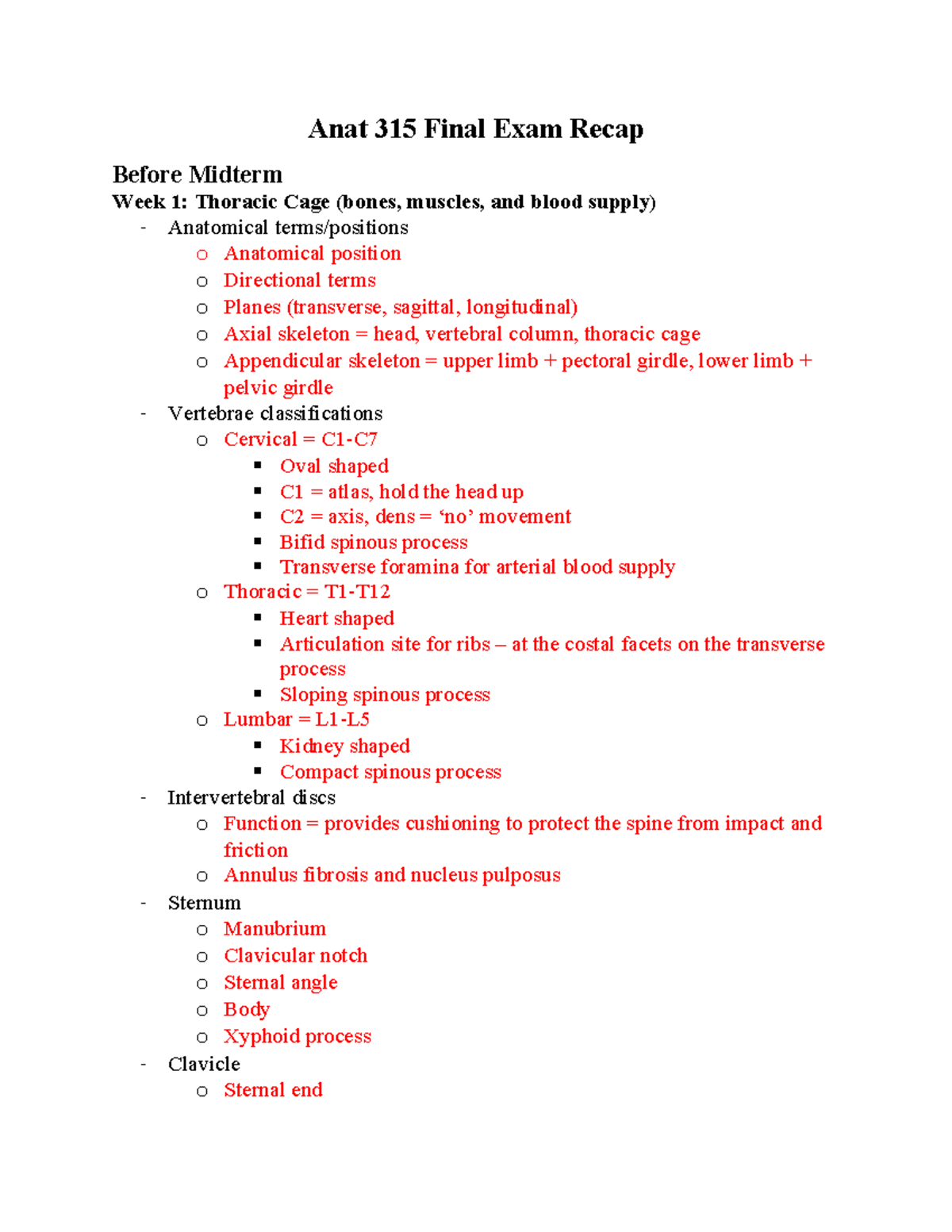 Anat 315 Final Exam Recap - Anat 315 Final Exam Recap Before Midterm ...