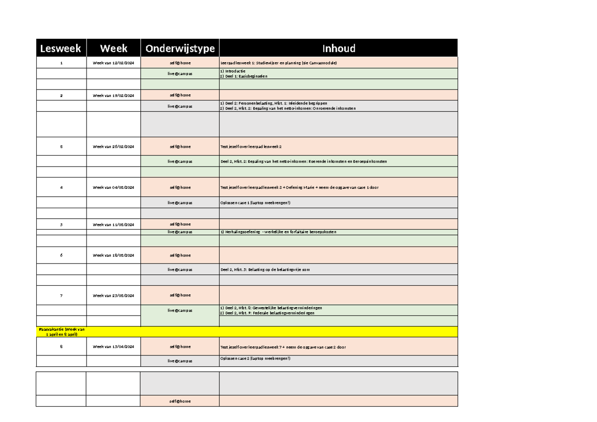 Fiscaliteit - planning sem 2 - Canvas - 1BEM 3 en 4 - Lesweek Week ...