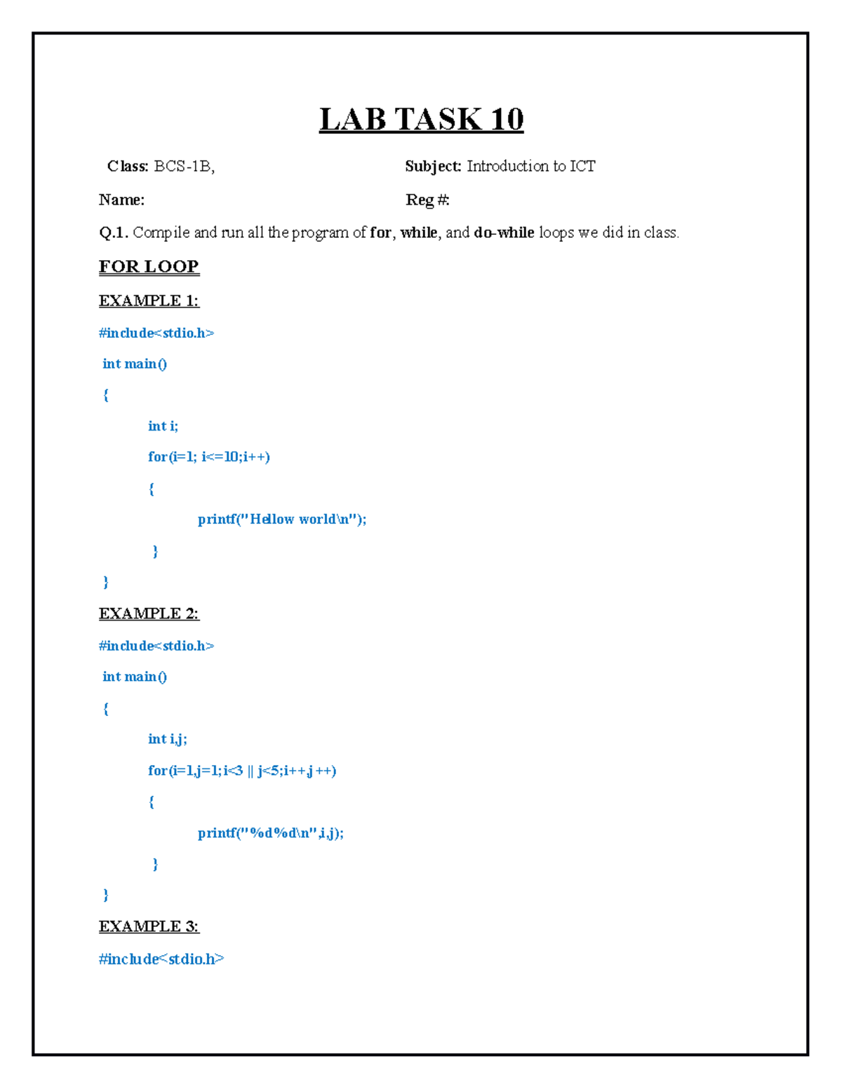 LAB TASK 10 - ,sdc s - LAB TASK 10 Class: BCS-1B, Subject: Introduction to ICT Name: Reg #: Q ...