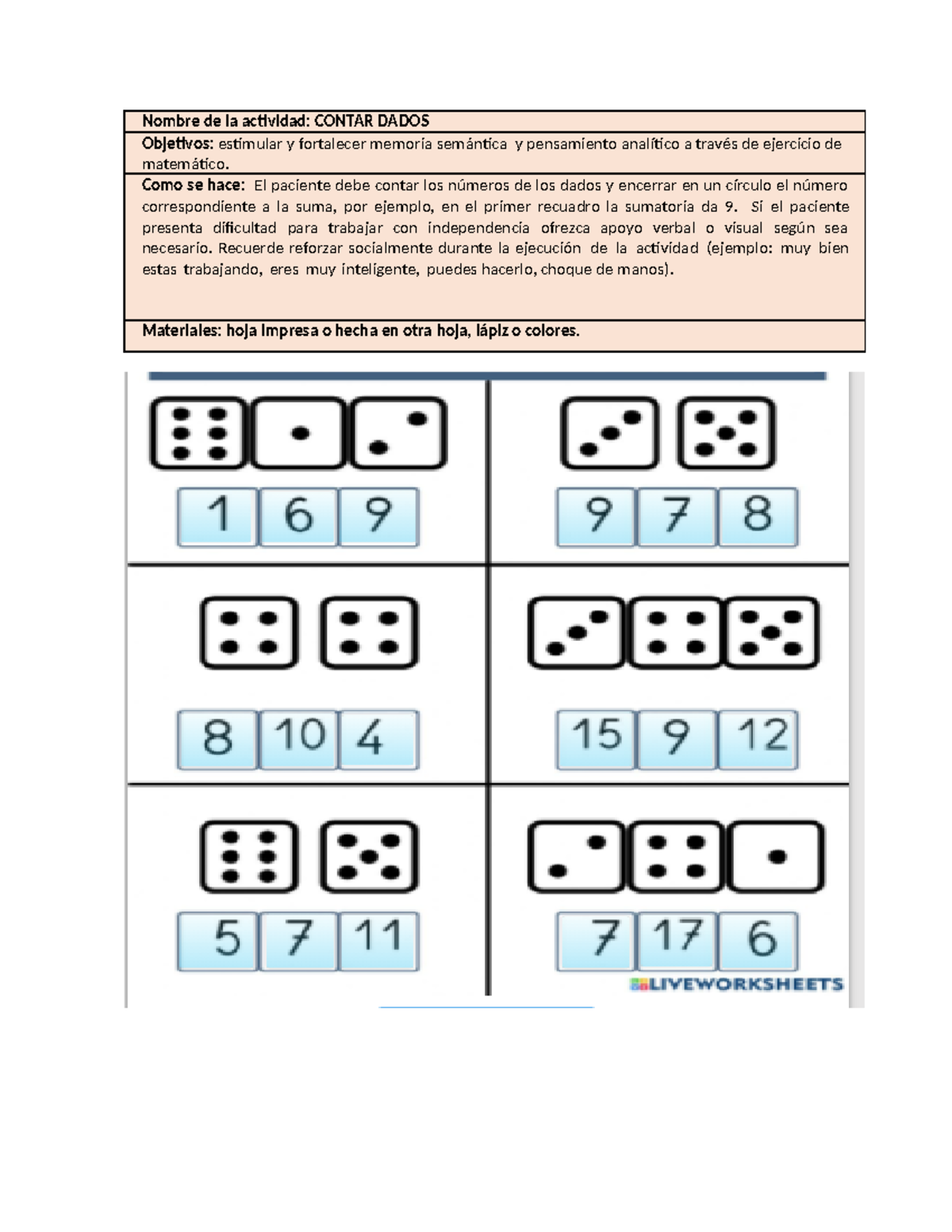 Contar Dados G7 ejercicio para la atención - Nombre de la actividad: CONTAR DADOS Objetivos ...