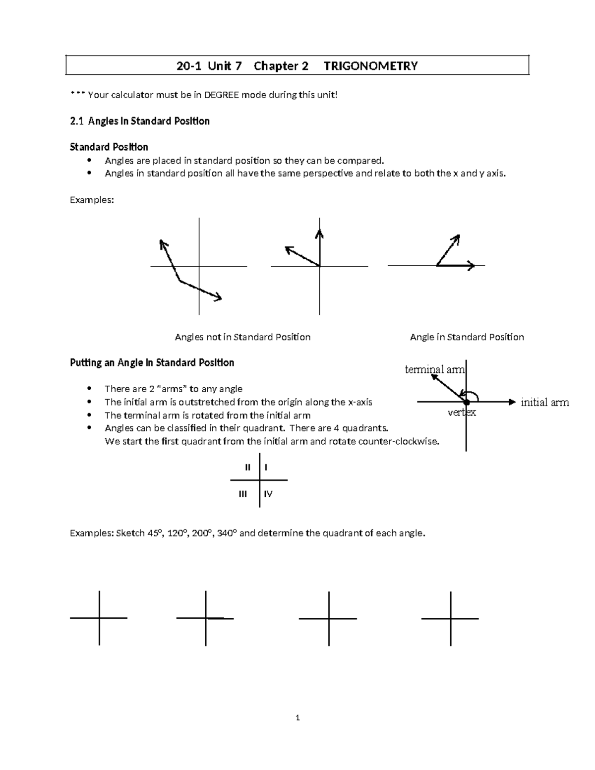 20-1 Trigonometry Handout - 20-1 Unit 7 Chapter 2 TRIGONOMETRY ...