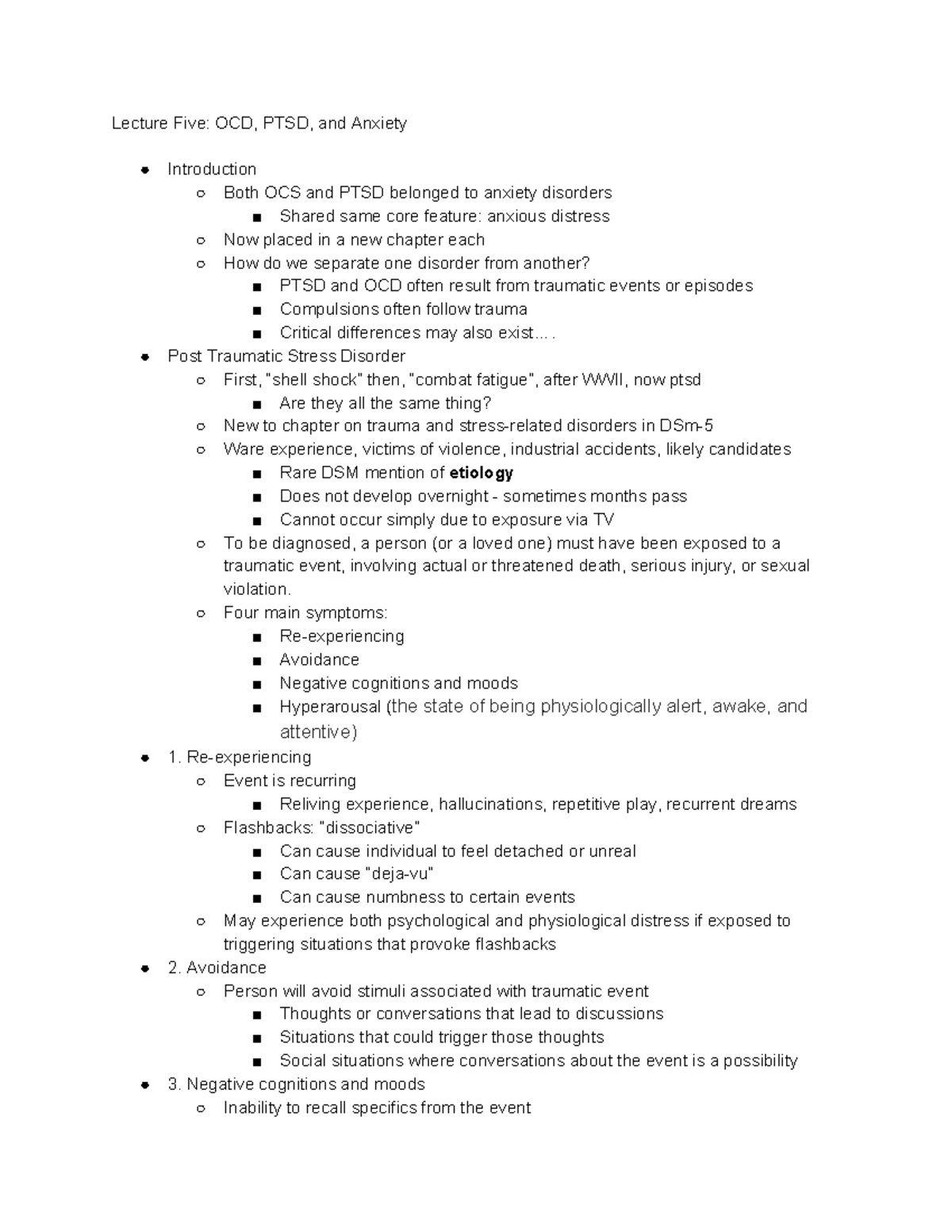 Lecture Five OCD, PTSD, and Anxiety - ... Post Traumatic Stress ...