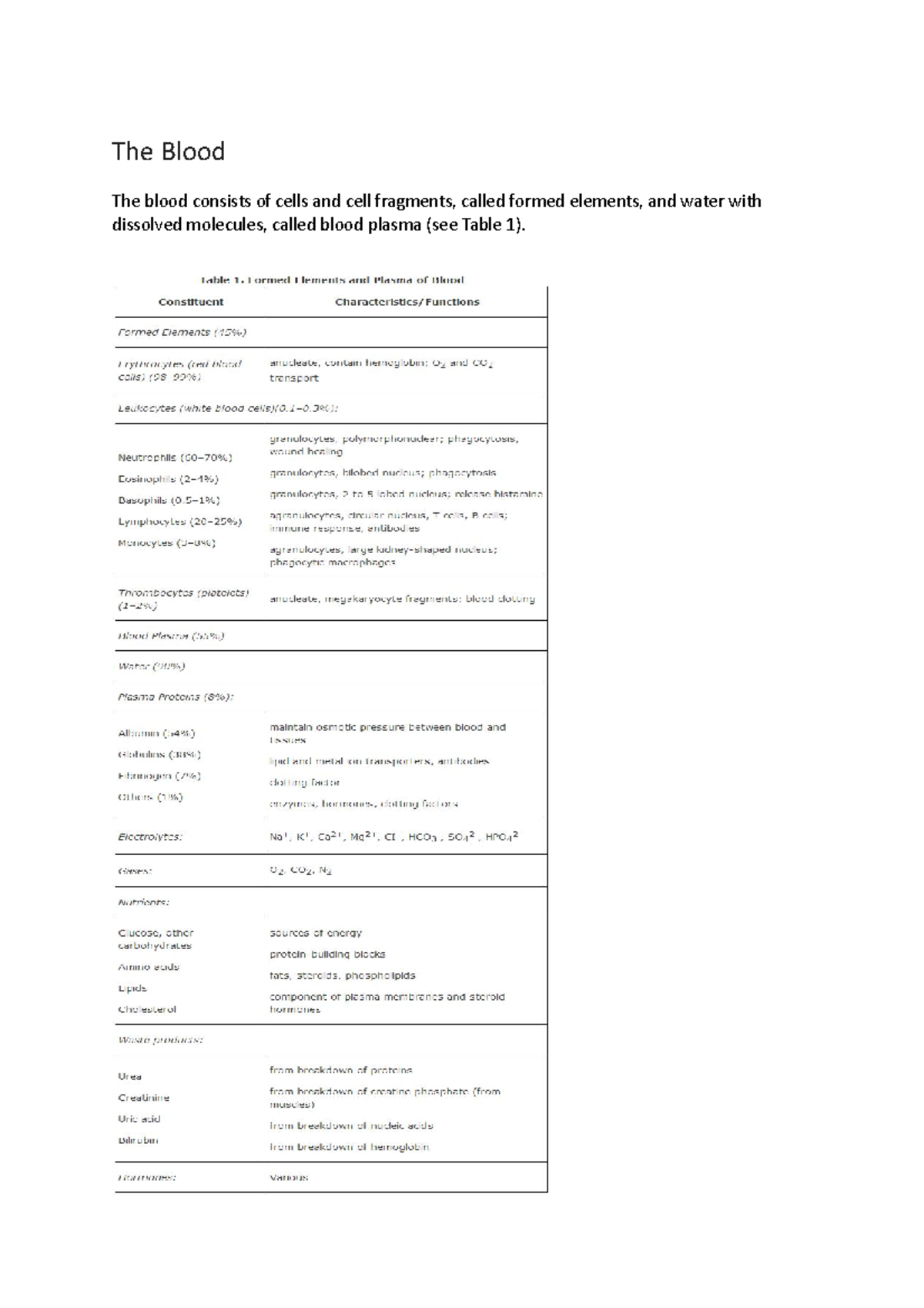 The blood - lecture notes - The Blood The blood consists of cells and ...