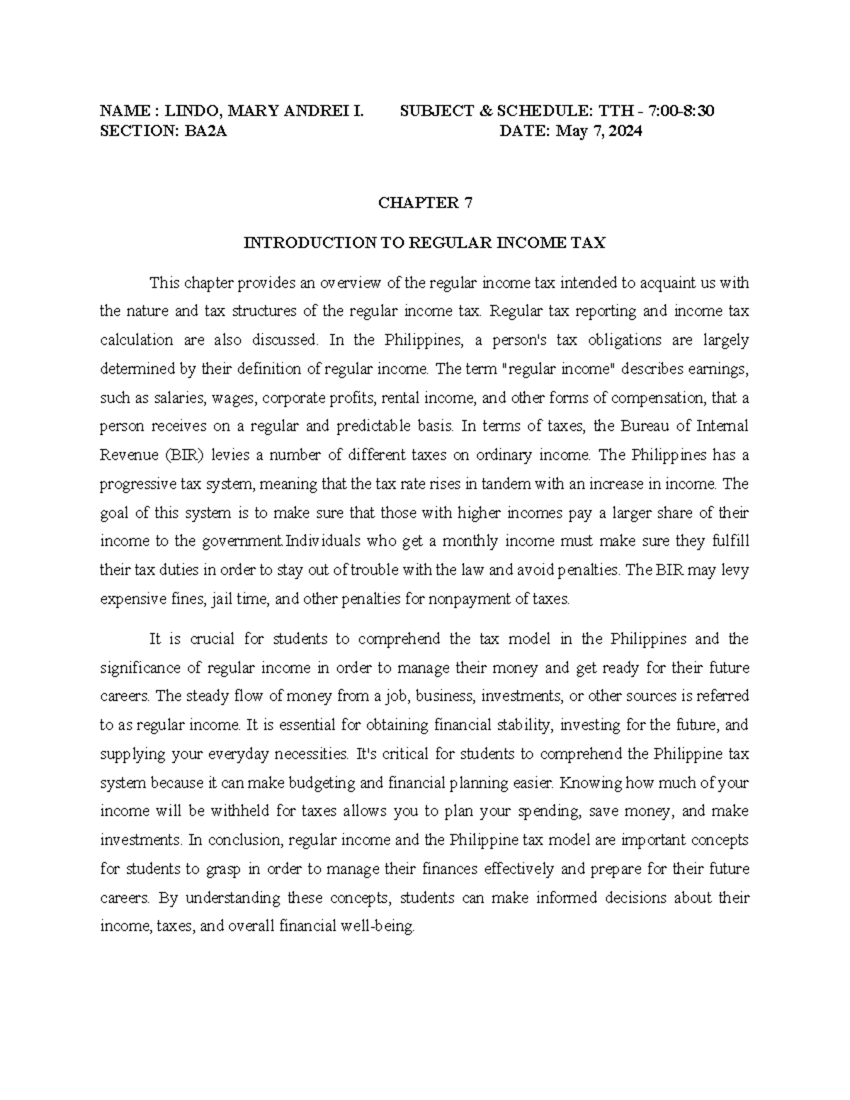 Andrei Lindo - Submission of Narrative Report 6 – Final Income Taxation ...