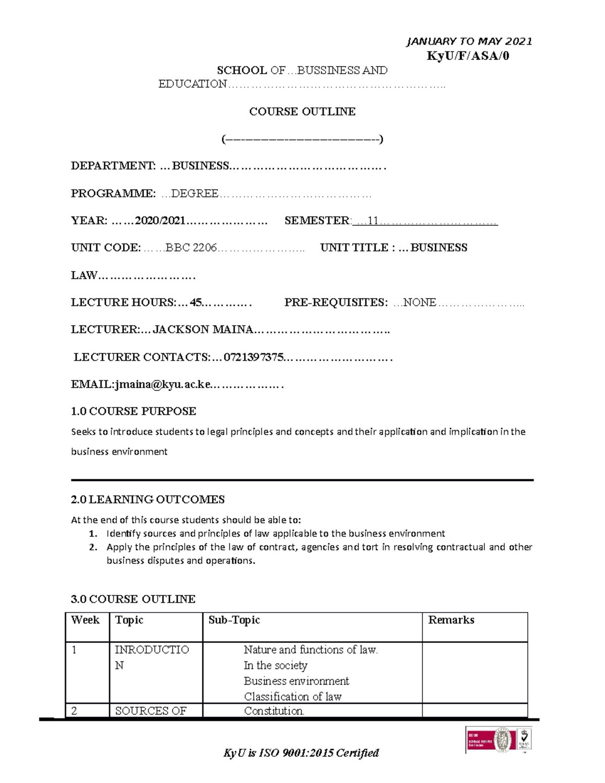 Course outline BBC 2206 Business LAW - KyU/F/ASA/ SCHOOL OF.. AND - Studocu