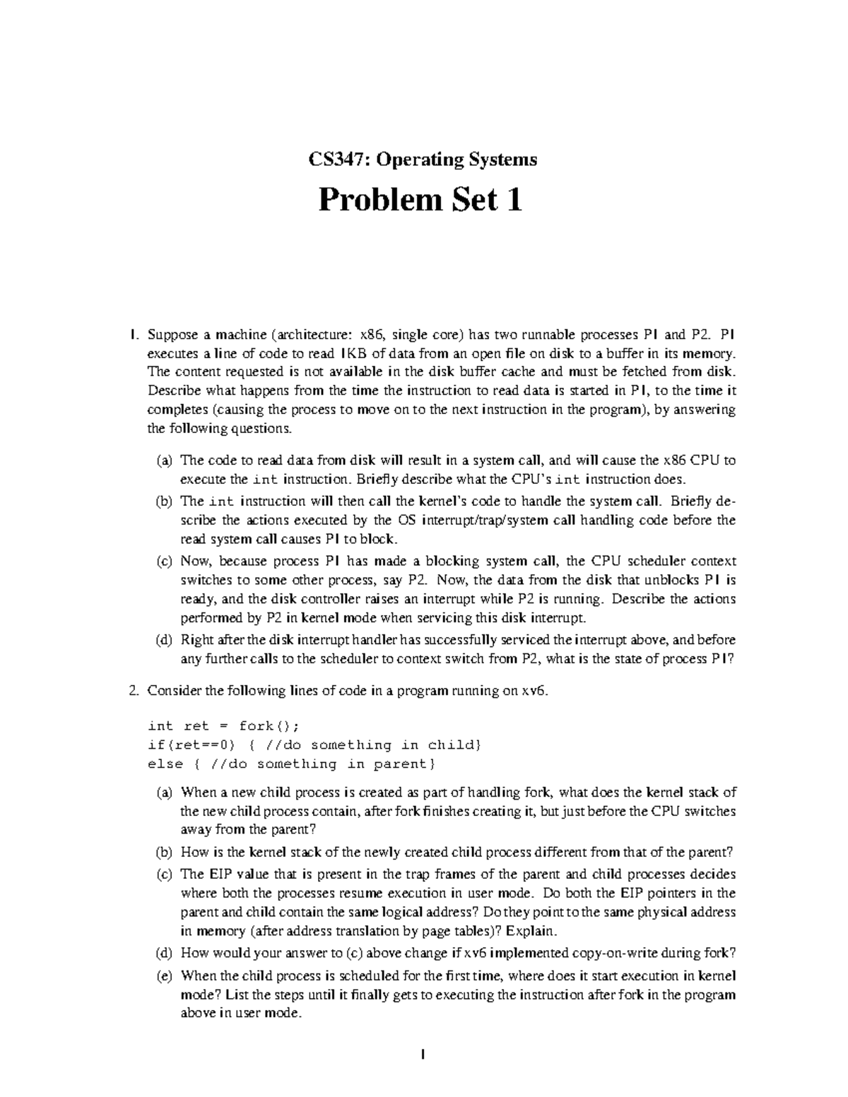 Ps1 - CS347: Operating Systems Problem Set 1 Suppose a machine (architecture: x86, single core ...