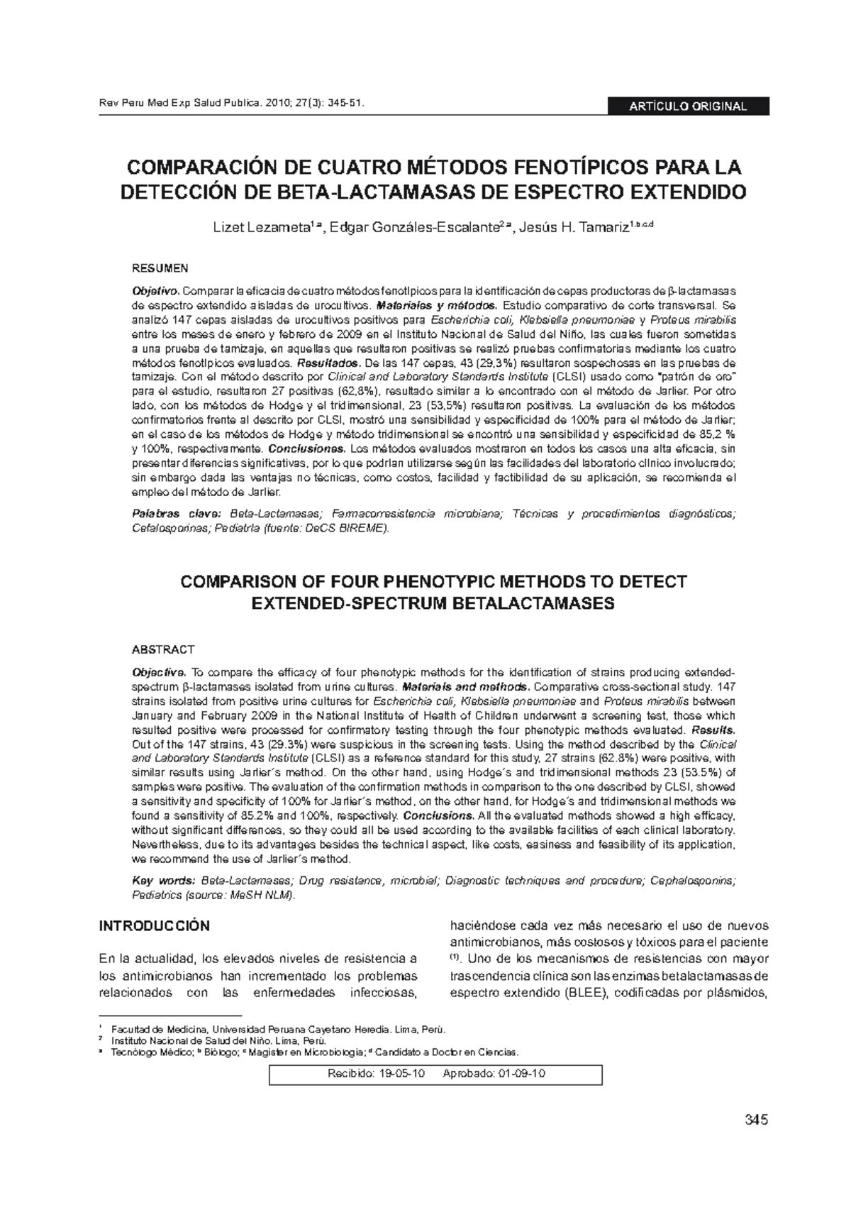 Deteccion DE BLEE - ####### Rev Peru Med Exp Salud Publica. 2010; 27(3 ...