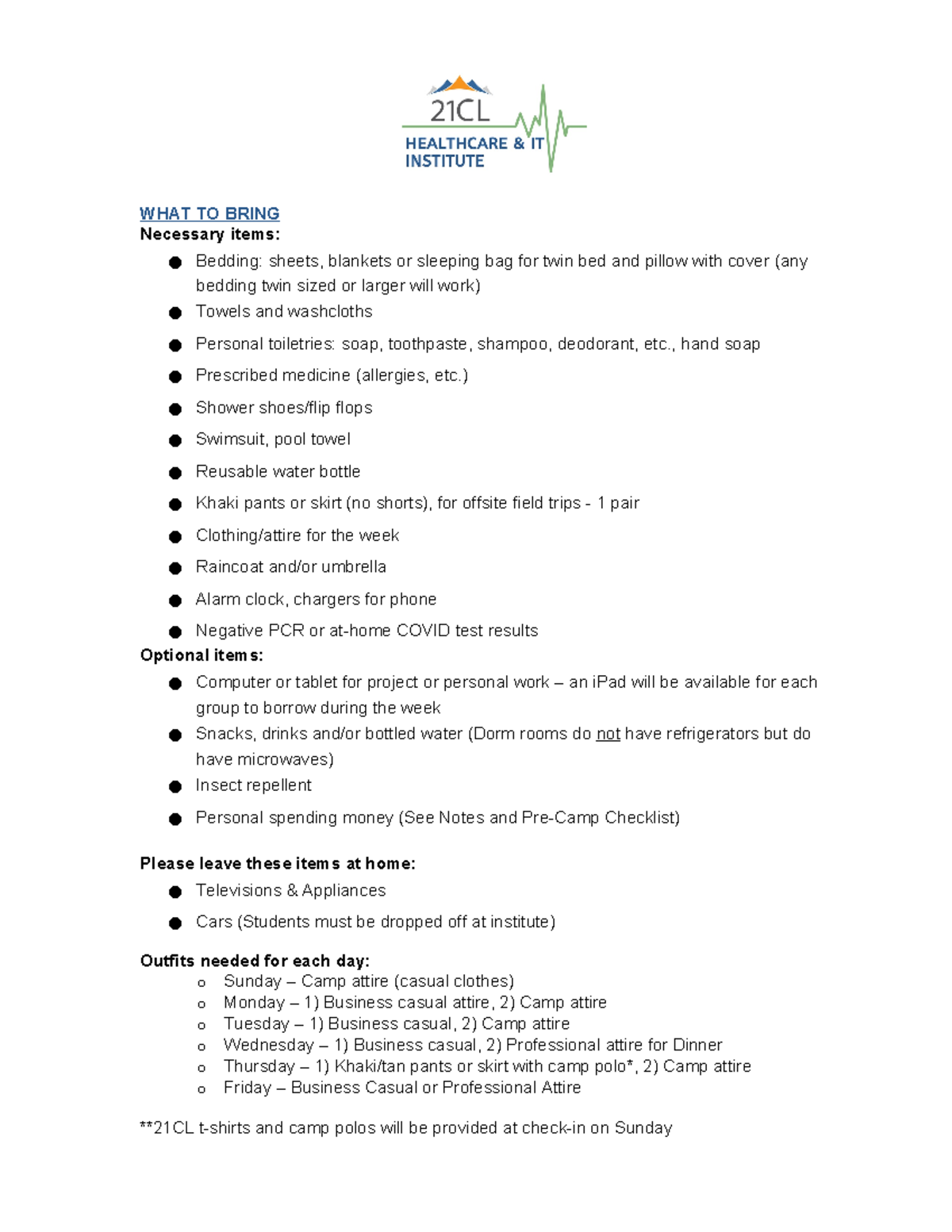 HII Information Packet 2023 - WHAT TO BRING Necessary items: Bedding ...