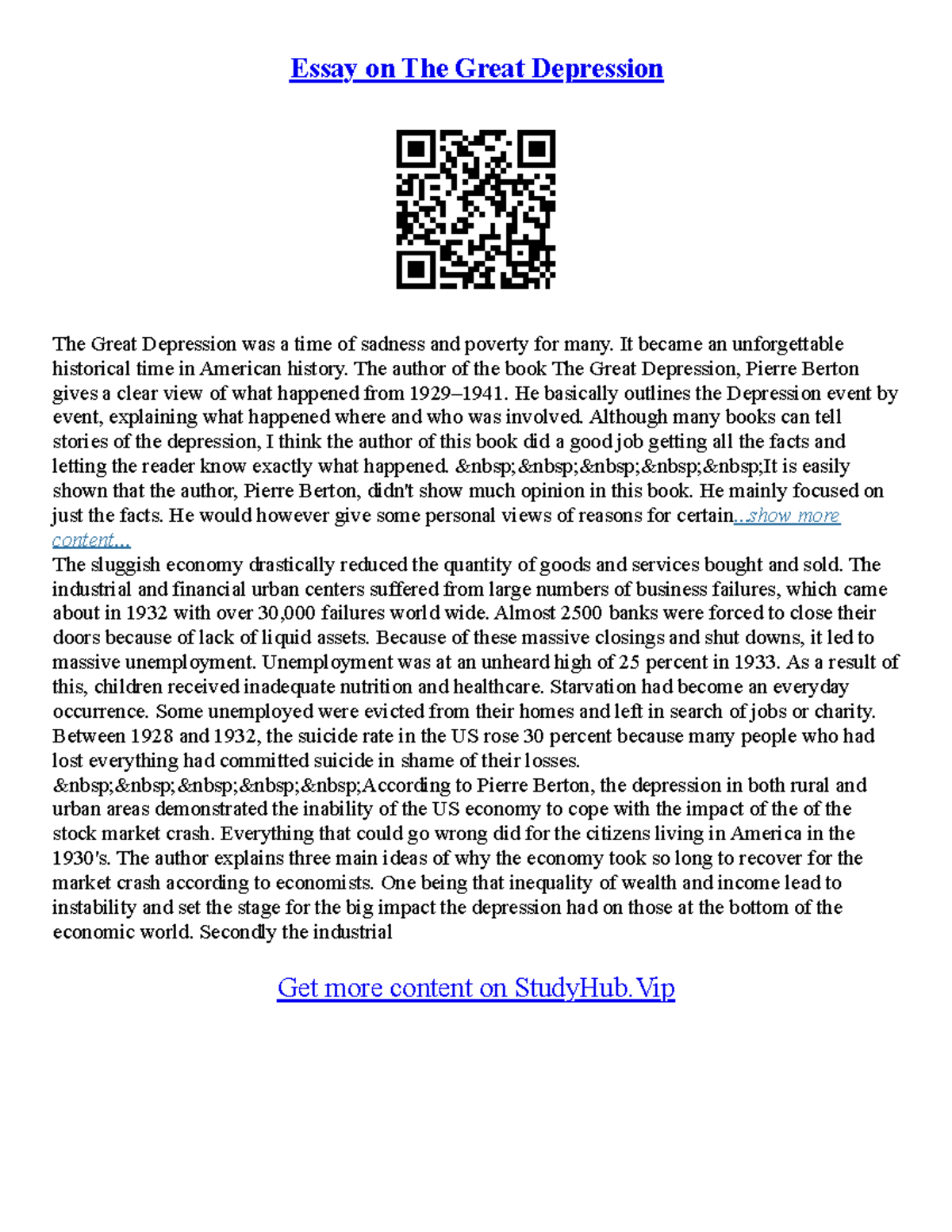 Essay On Great Depression - Essay on The Great Depression The Great ...