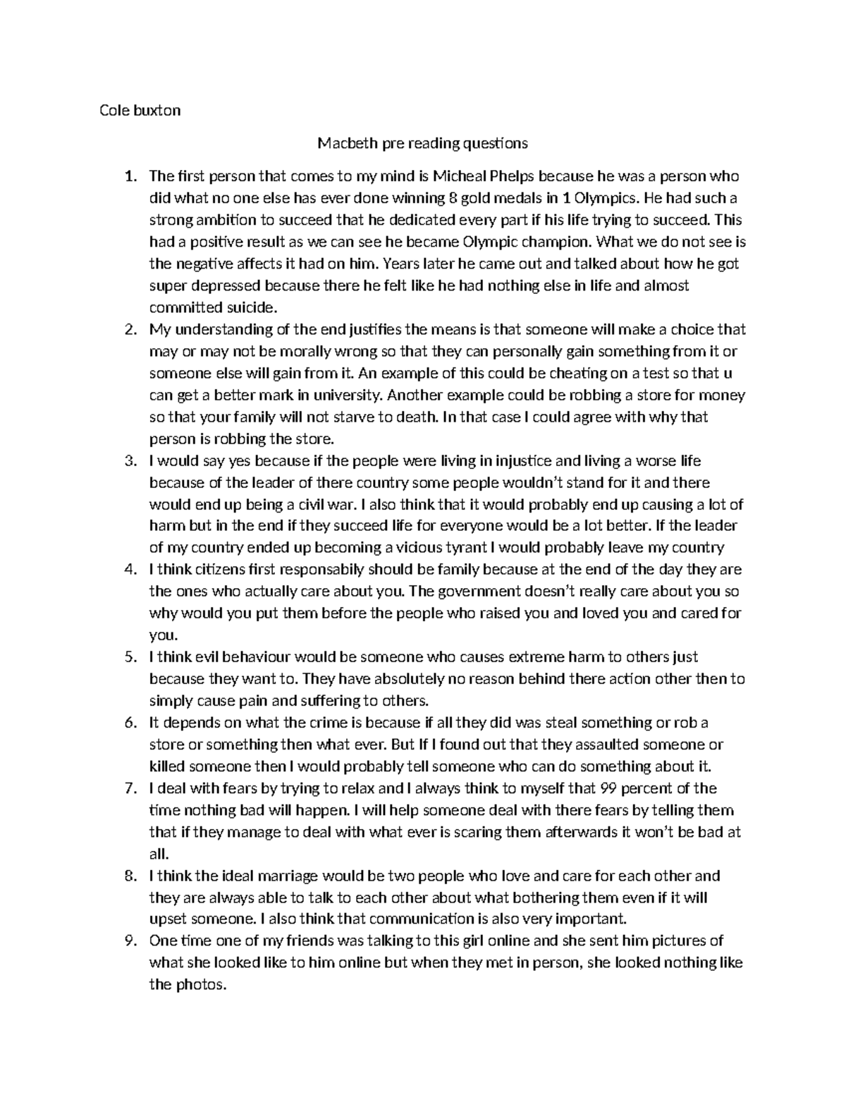 Macbeth - work - Cole buxton Macbeth pre reading questions The first ...