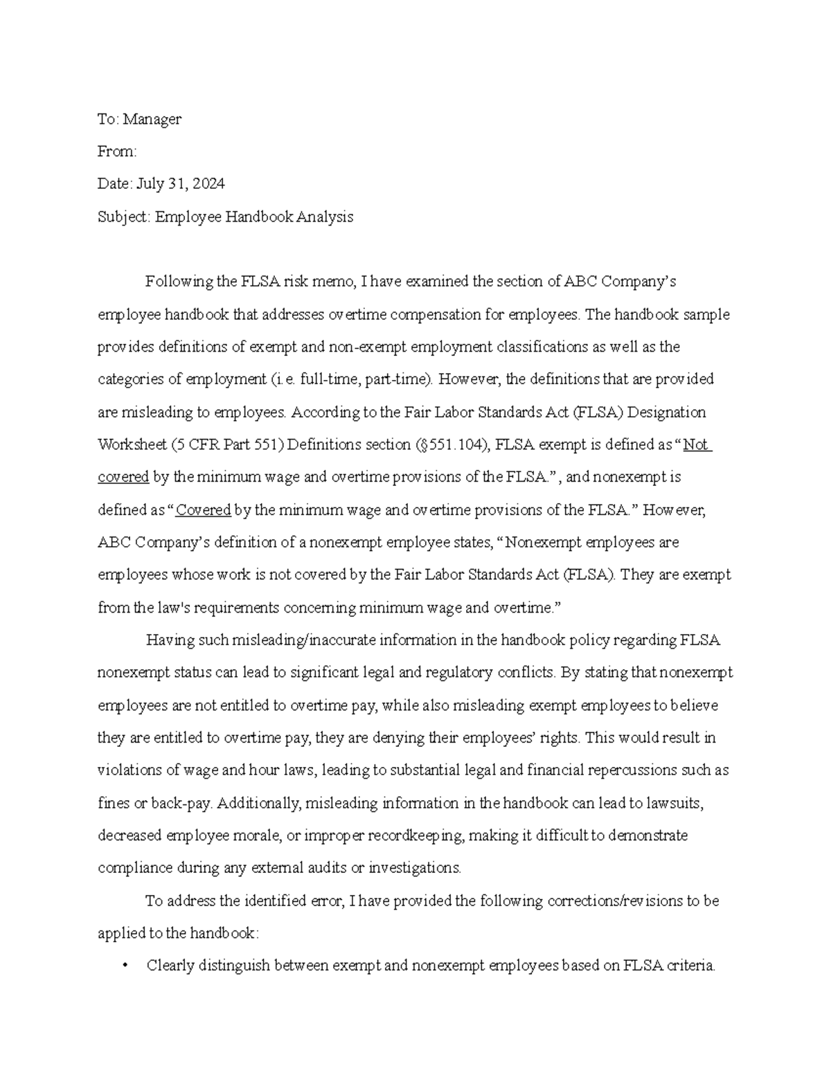 HRM 225 Project 1 Manager Memo - To: Manager From: Date: July 31, 2024 ...