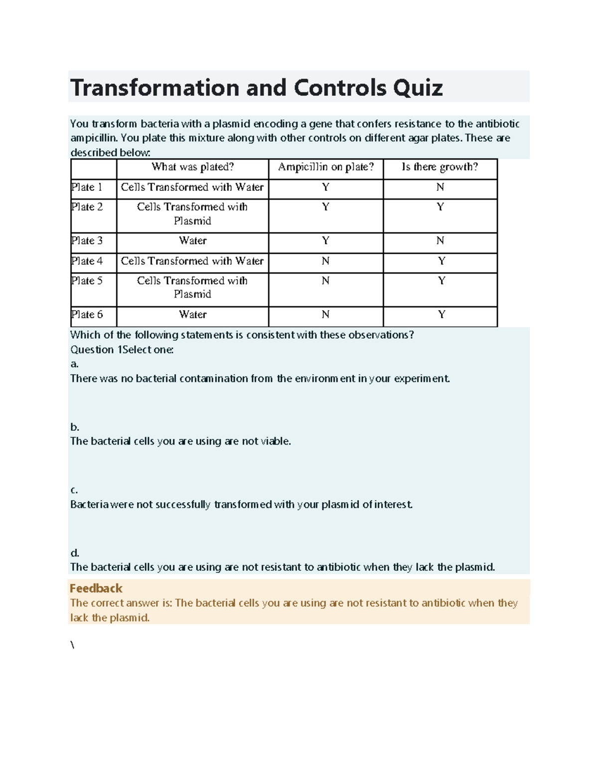 Transformation and Controls Quiz 1 - You plate this mixture along with ...