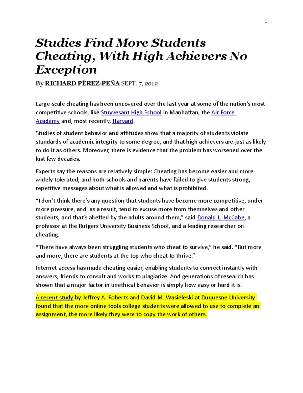 New York Times article (use this one) - 1 Studies Find More Students ...