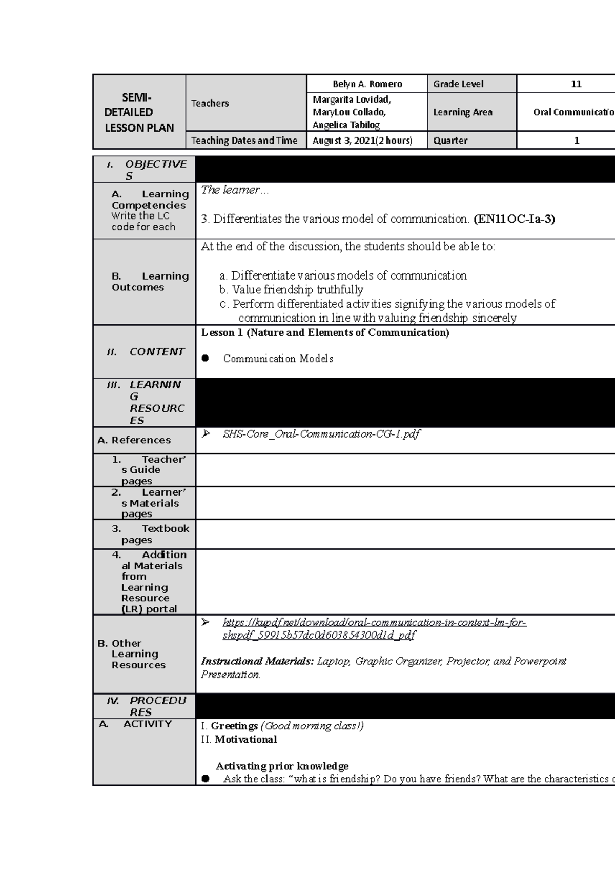 SEMI- Detailed LP in Teaching and Assessing Macro skills (Romero and ...