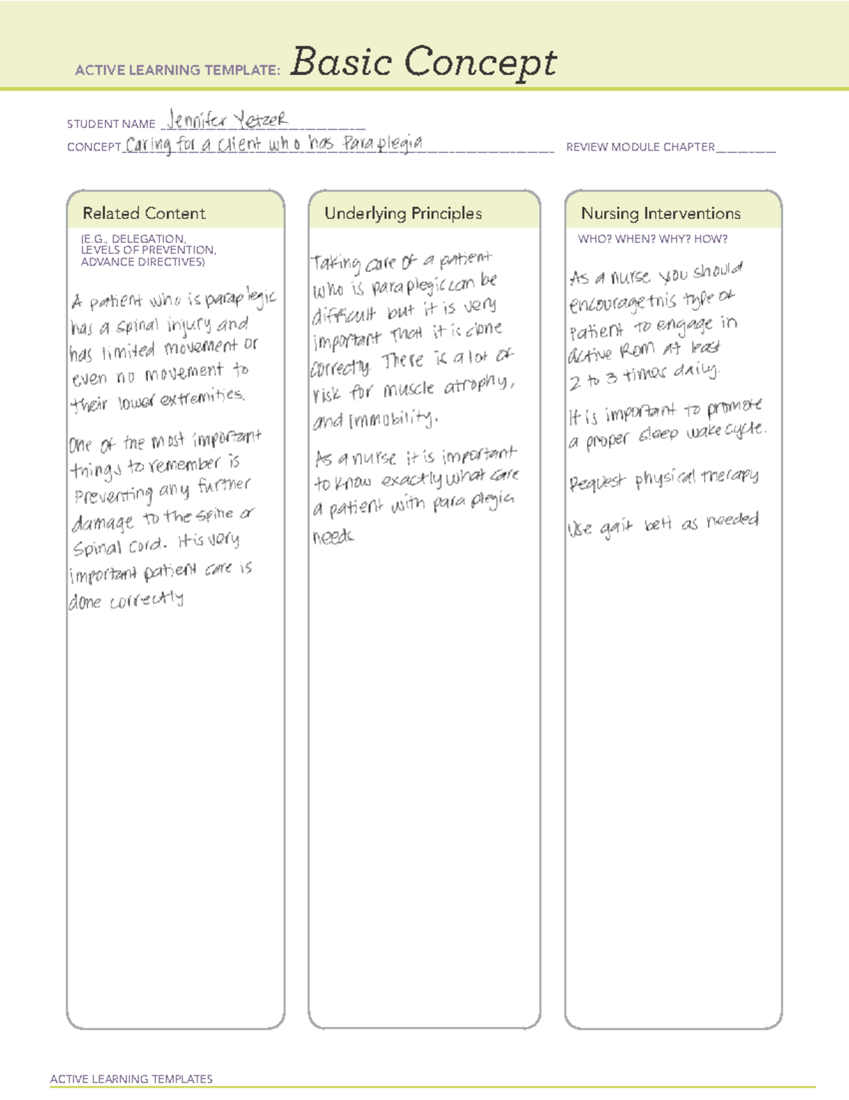 Basic concept - paraplegia - NUR 2150 - ACTIVE LEARNING TEMPLATES Basic ...