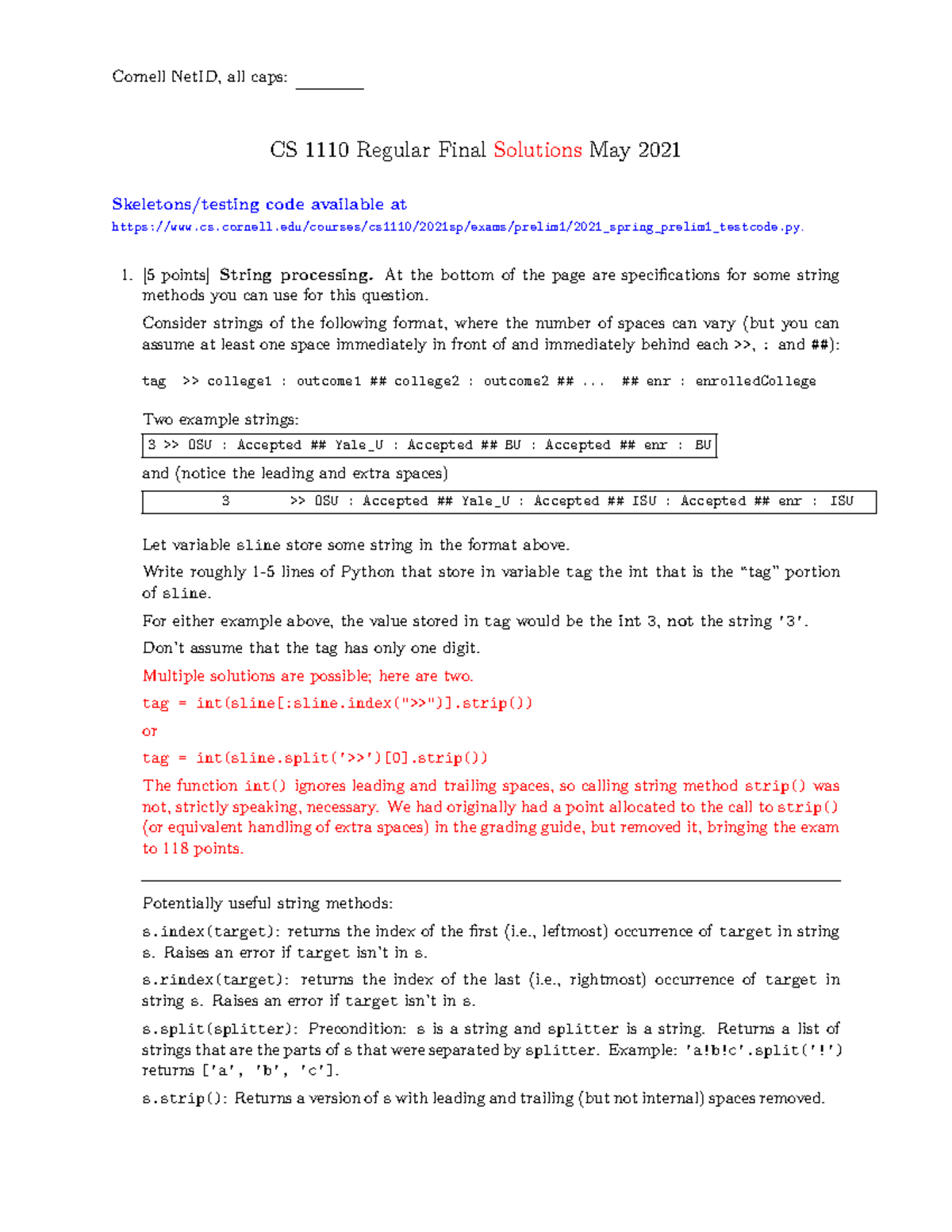 2021 spring final answers - CS 1110 Regular Final Solutions May 2021 ...