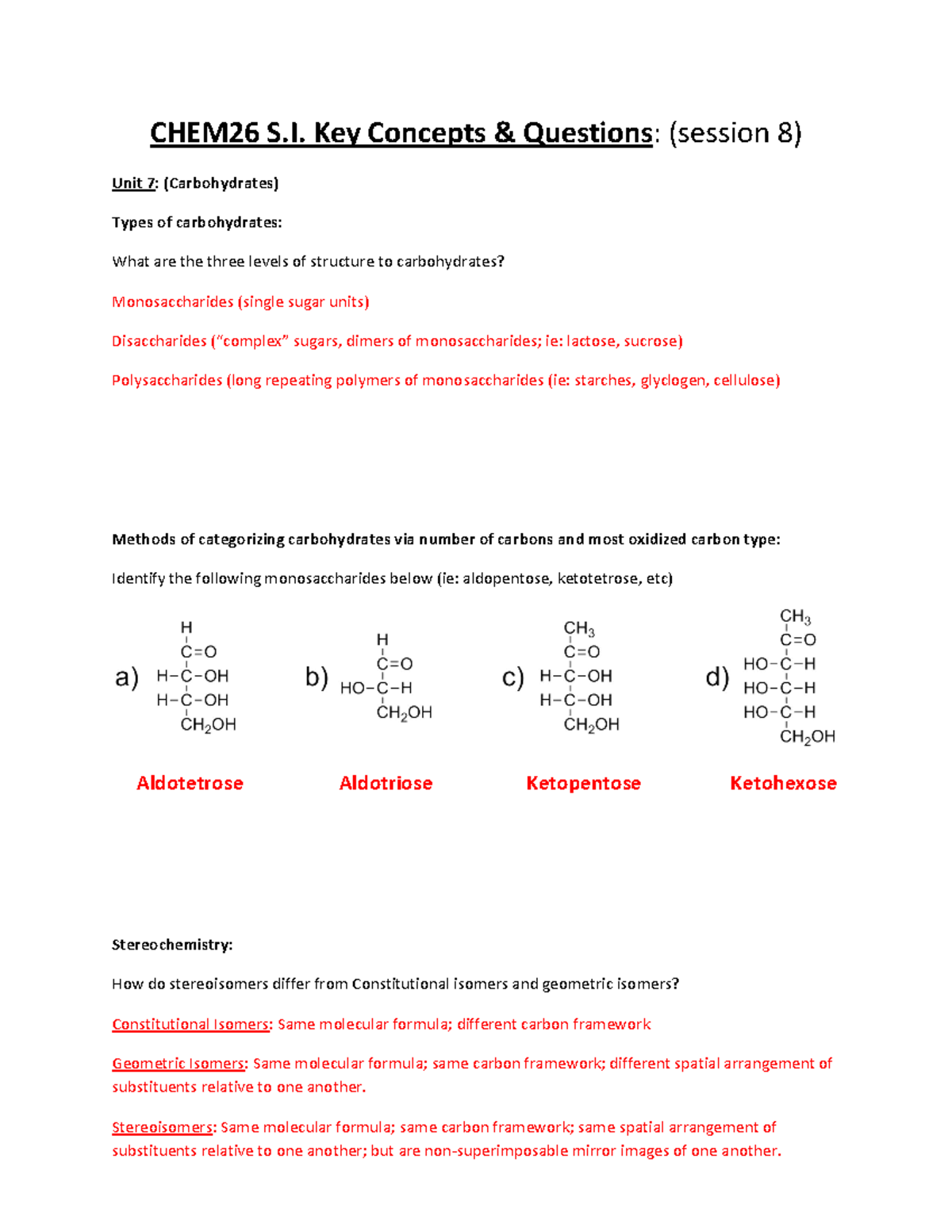 SI8 - Supplemental Instruction 8 - CHEM26 S. Key Concepts & Questions ...
