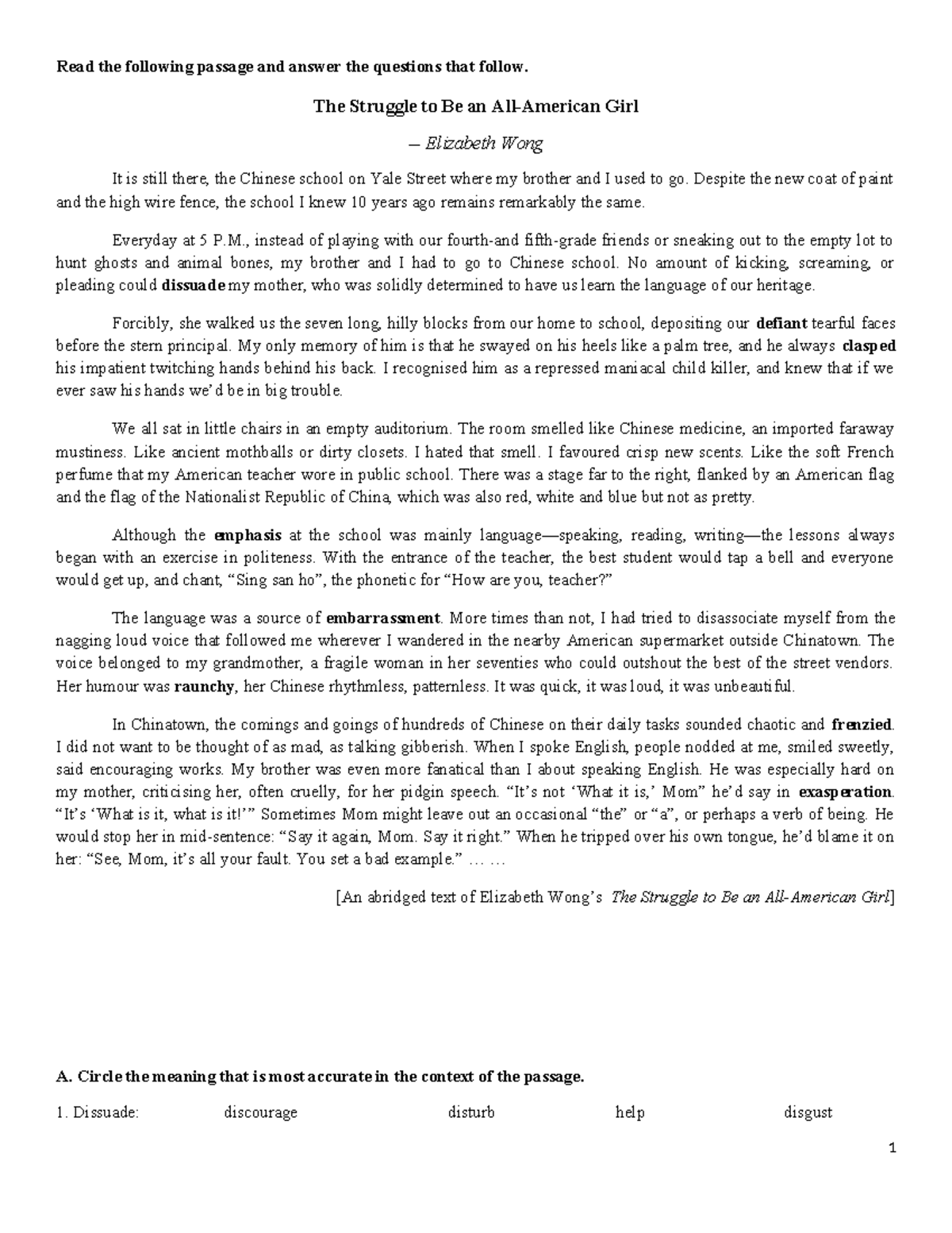 Reading comprehension exercise 3for English 102 - Read the following ...