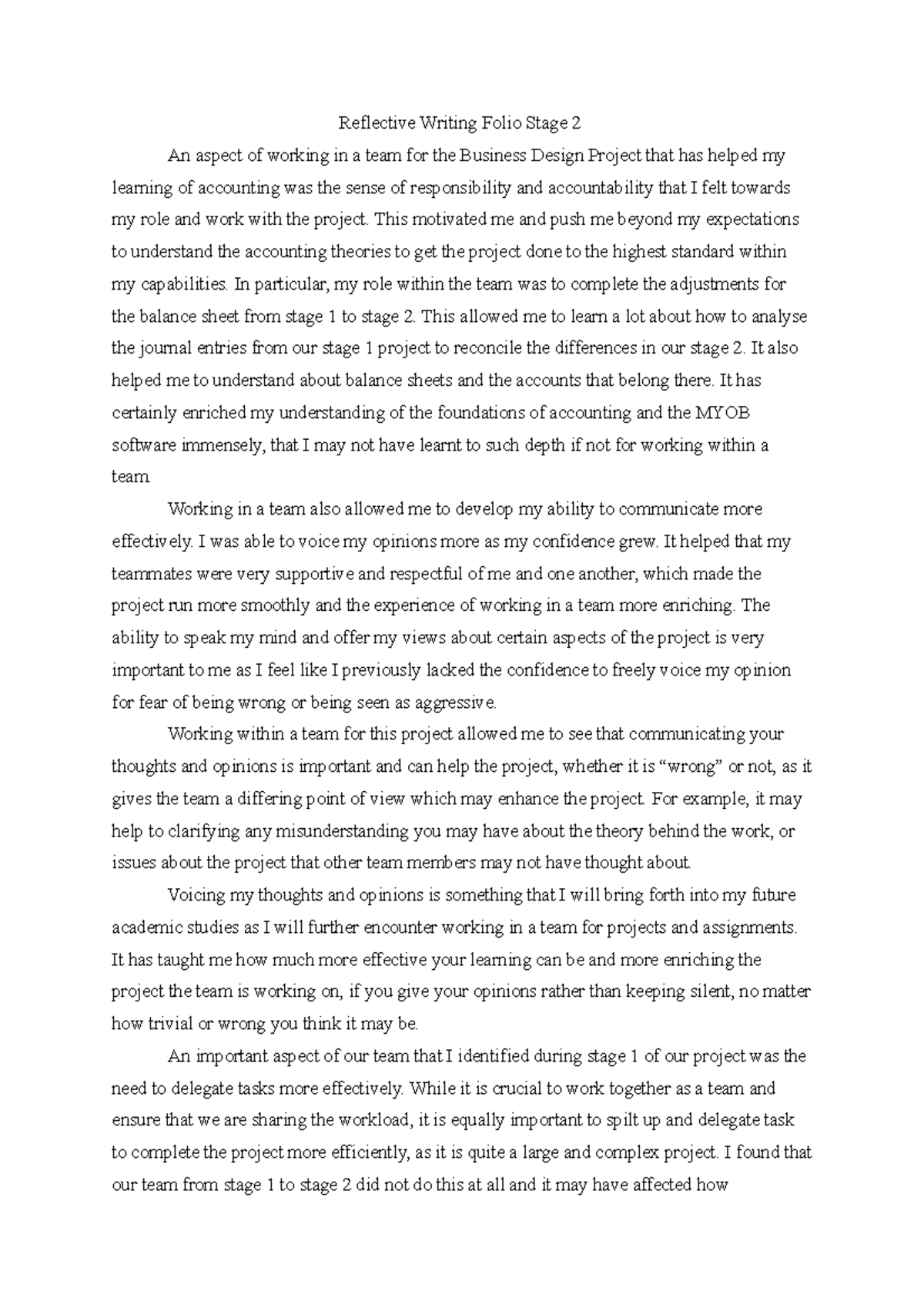 Reflective writing folio 2 - Reflective Writing Folio Stage 2 An aspect ...