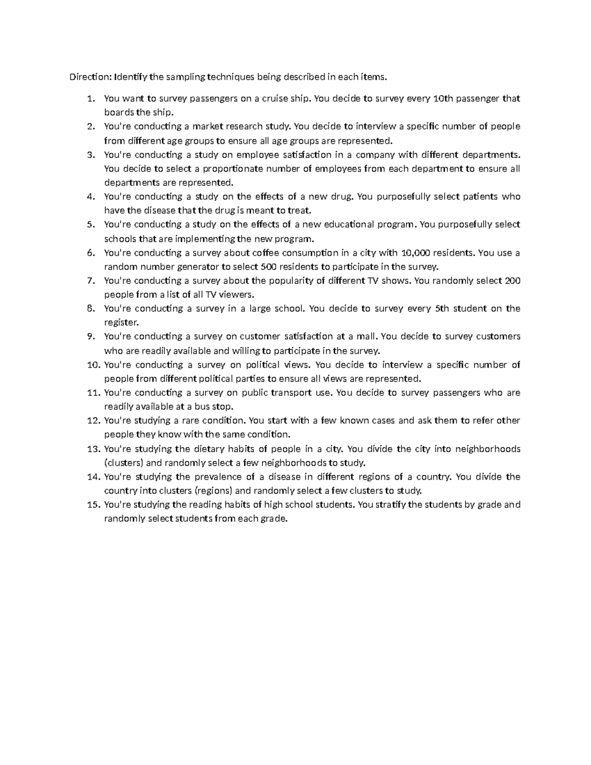Quiz 3 Lesson-Sampling Techniques - Direction: Identify the sampling ...
