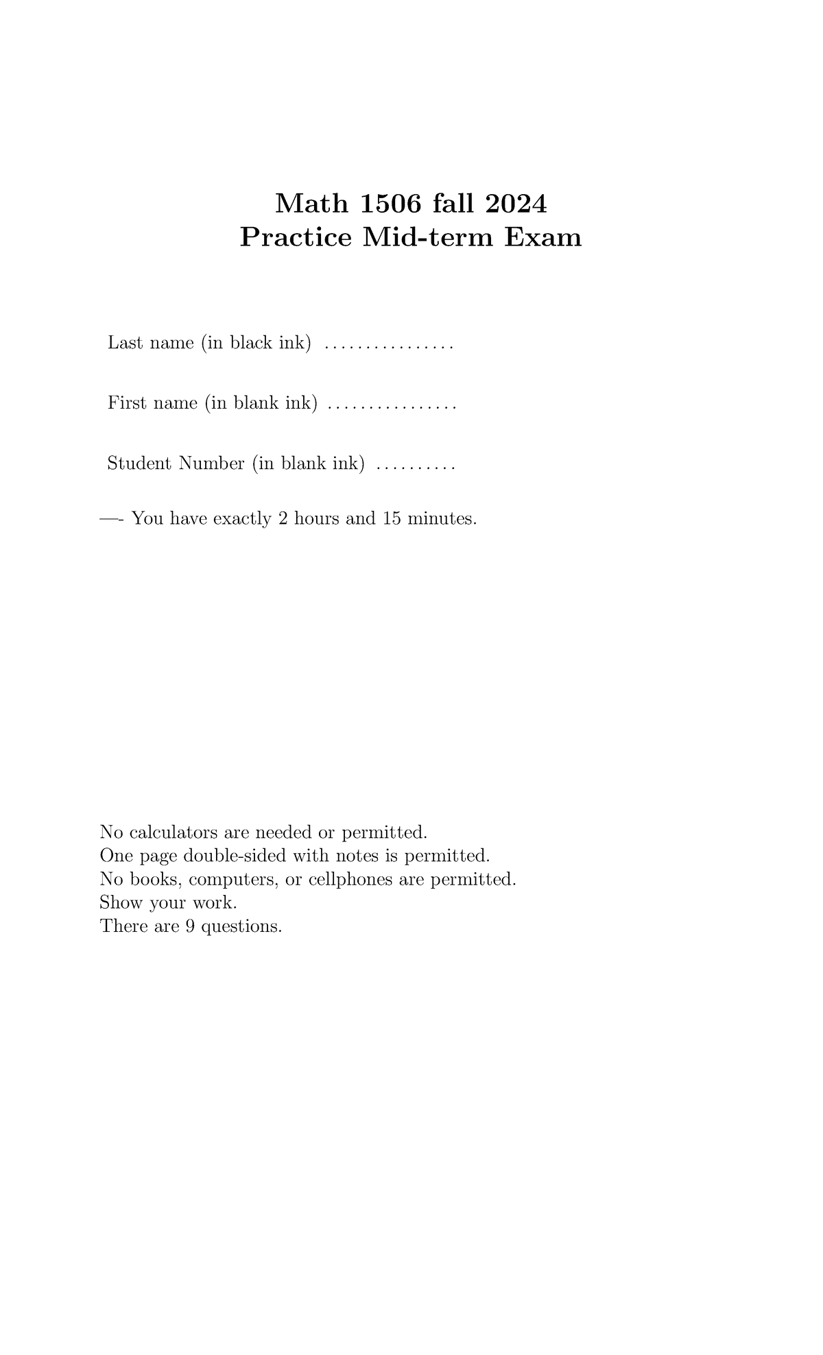 Midterm practice exam fall 2024 Math 1506 - Math 1506 fall 2024 ...