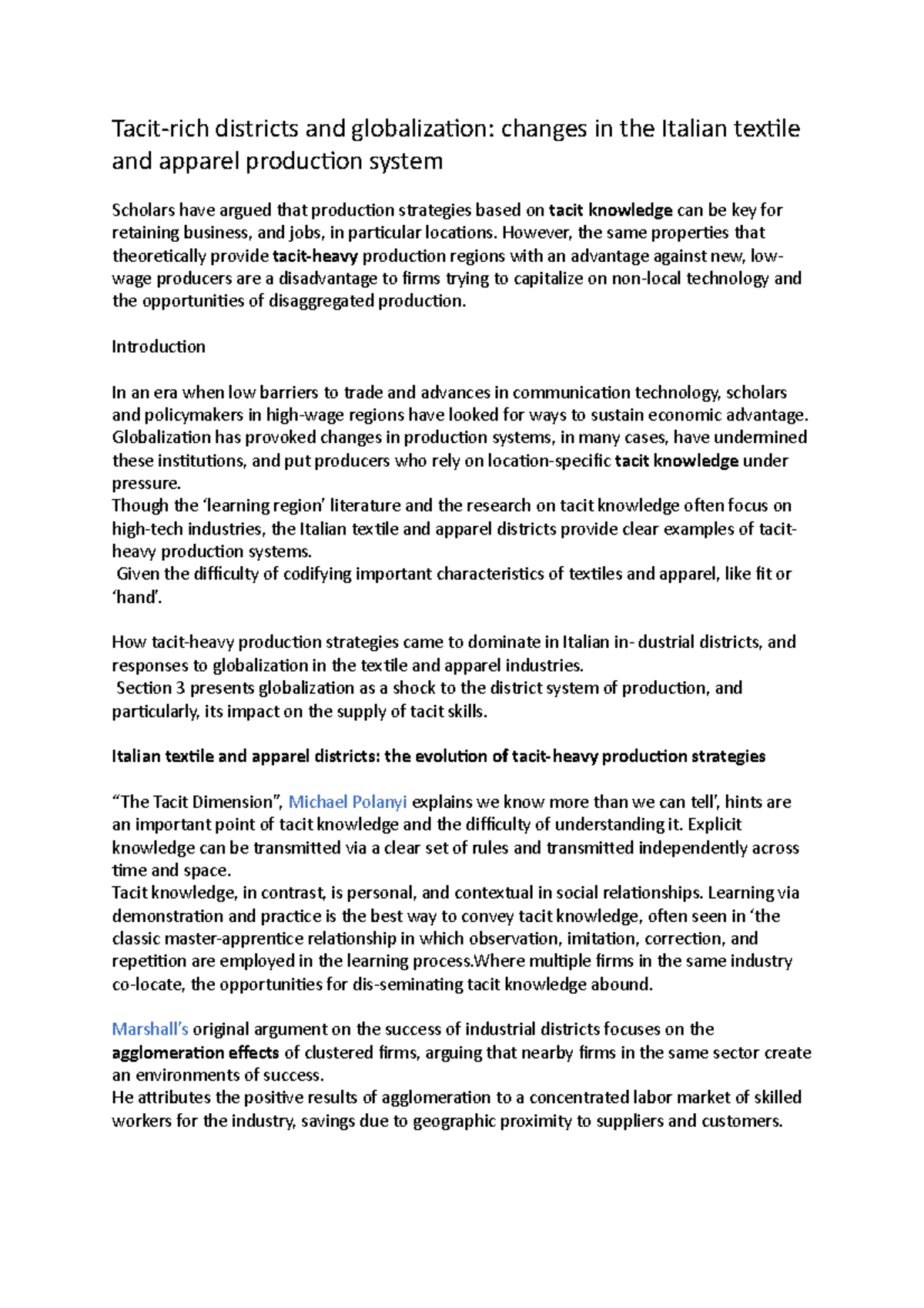 Italian textile resume 1 - Tacit-rich districts and globalization ...