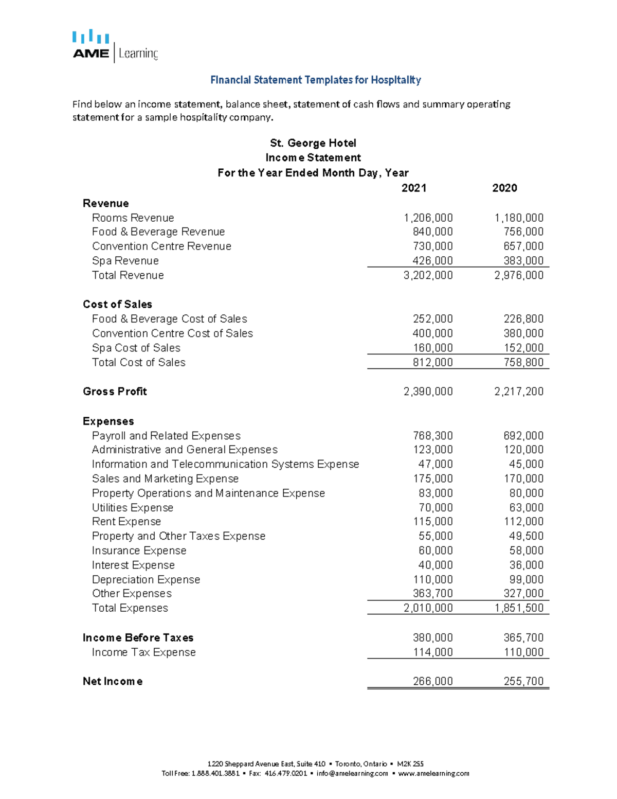 Financial statement templates - St. George Hotel Income Statement Food ...