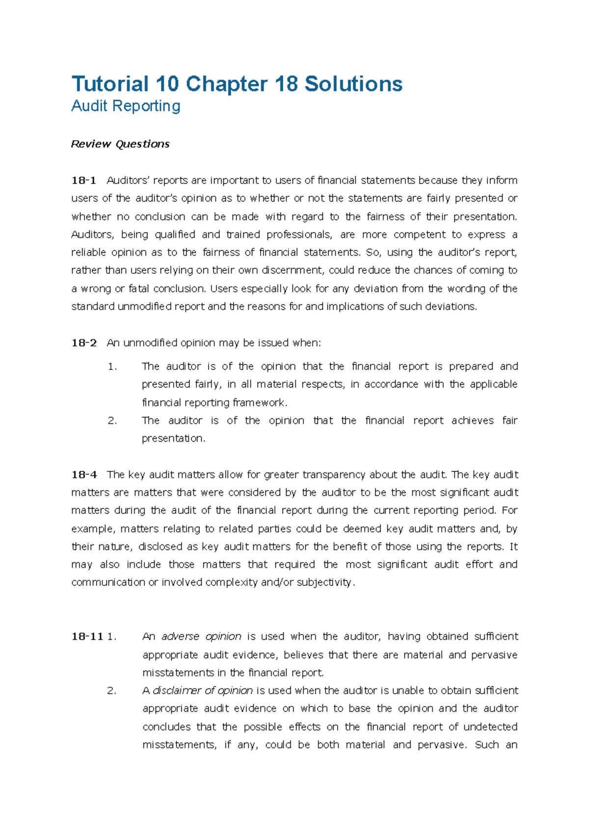 ACC300 Tutorial 10 Ch 18 Solutions - Tutorial 10 Chapter 18 Solutions ...